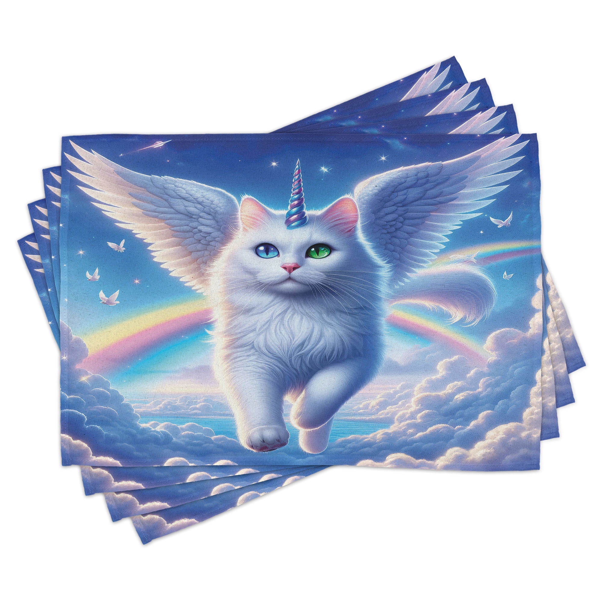Ambesonne Cat Place Mats Set of 4, Pegasus Kitty Flies Clouds Sky ...