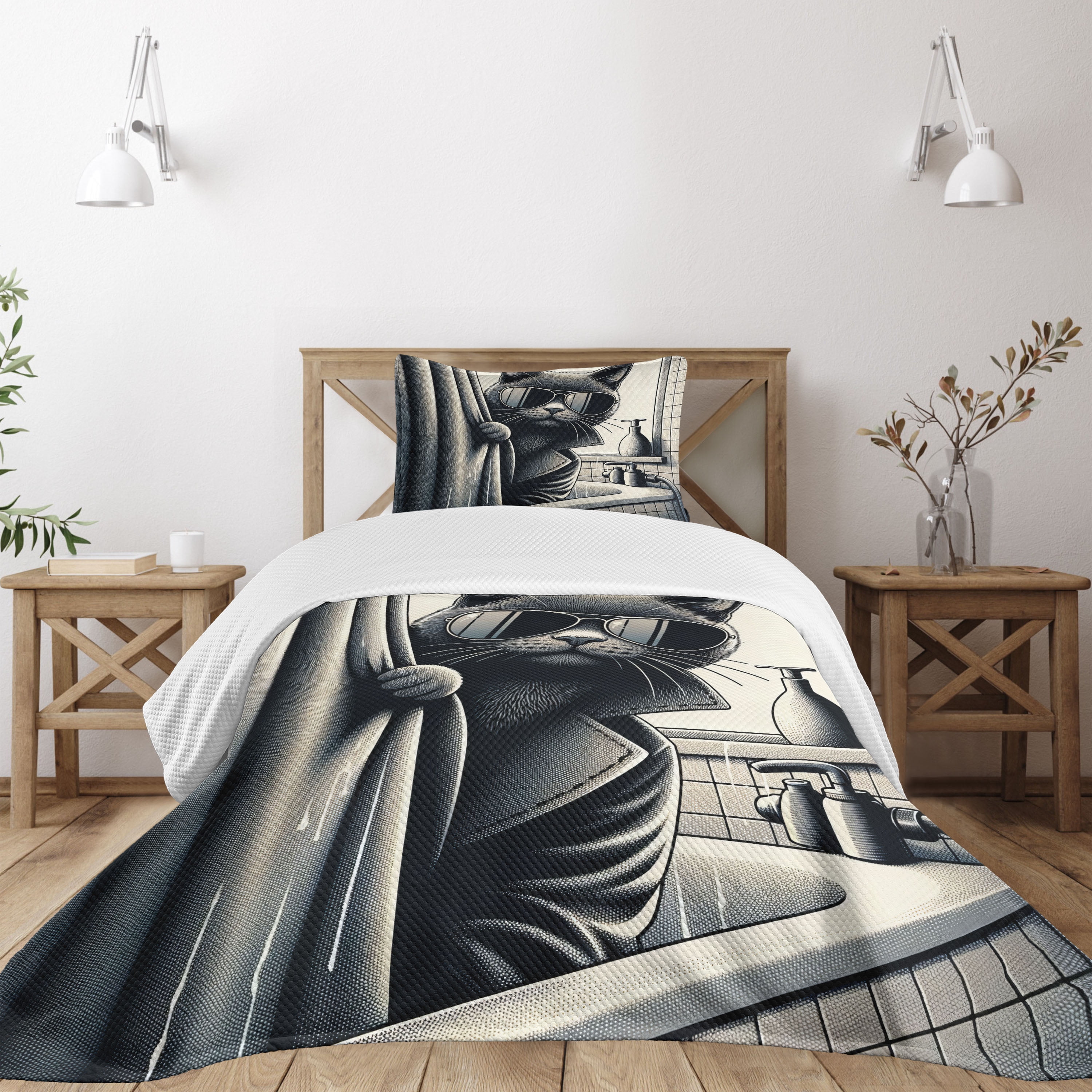 Ambesonne Cat Quilted Bedspread Set 2 Pcs, Cool Detective Kitty ...