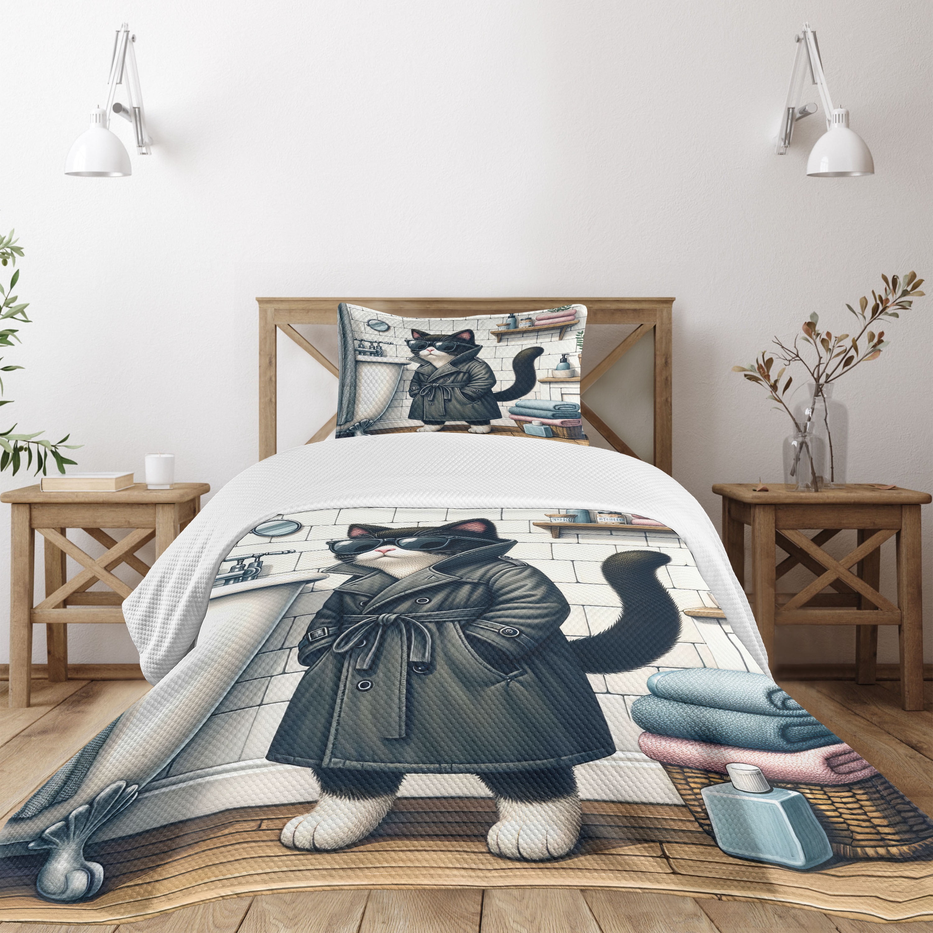 Ambesonne Cat Quilted Bedspread Set 2 Pcs, Mysterious Detective Kitty ...