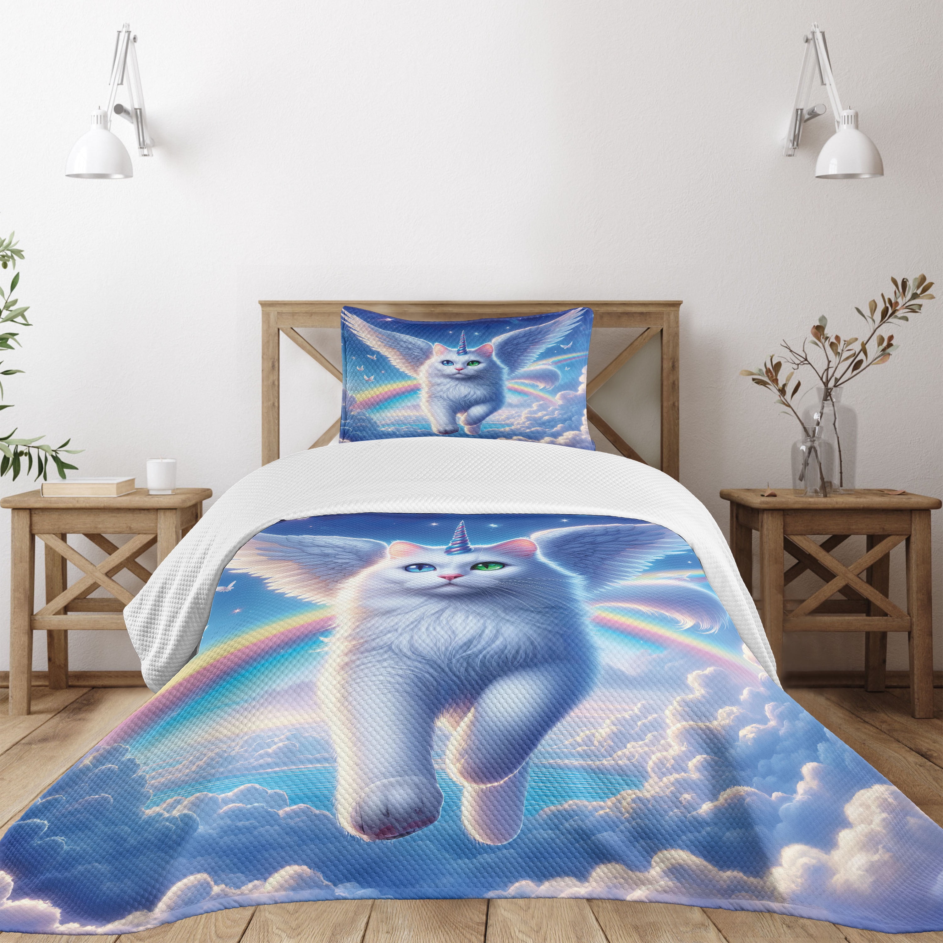 Ambesonne Cat Quilted Bedspread Set 2 Pcs, Pegasus Kitty Flies Clouds ...