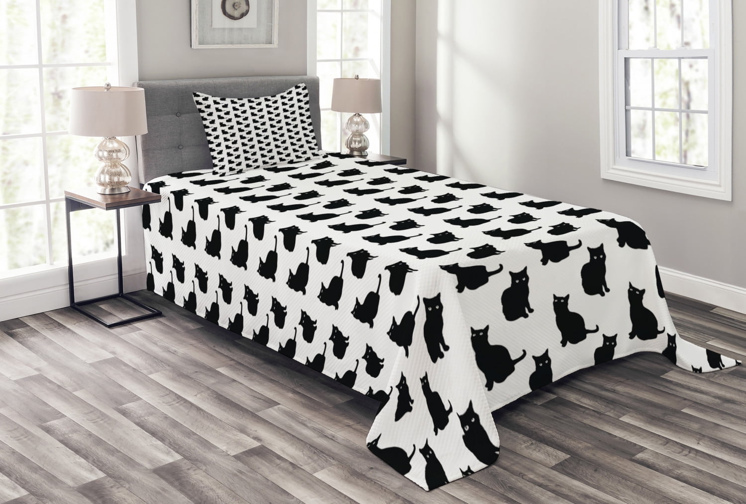 Ambesonne Cat Quilted Bedspread Set 2 Pcs, Playful Black Kittens, Twin ...
