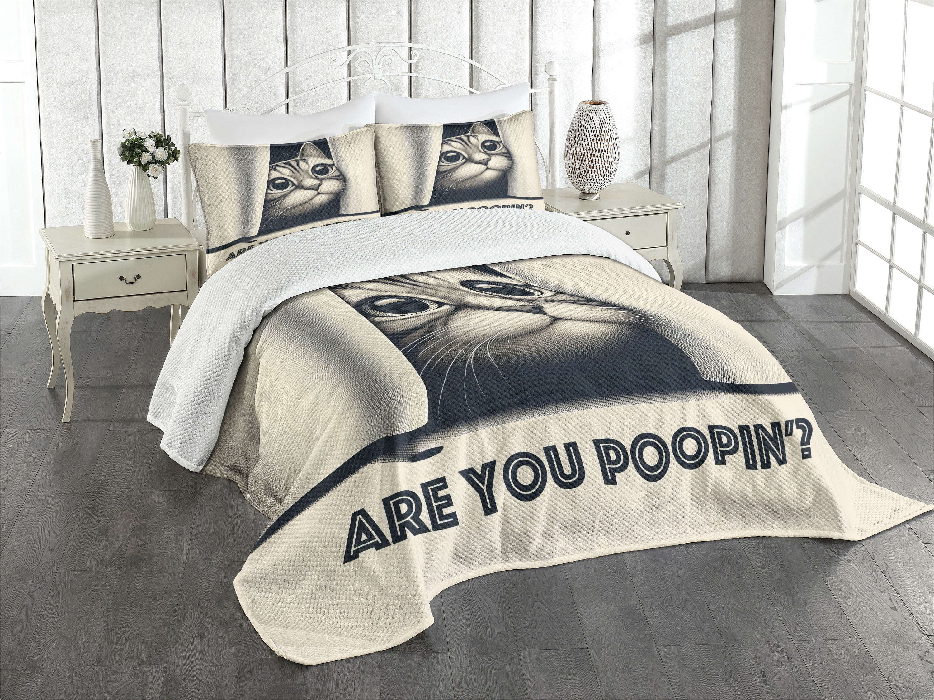 Ambesonne Cat Quilted Bedspread Set 3 Pcs, Are You Poopin' Retro Funny, Queen Size, Dark Blue ...