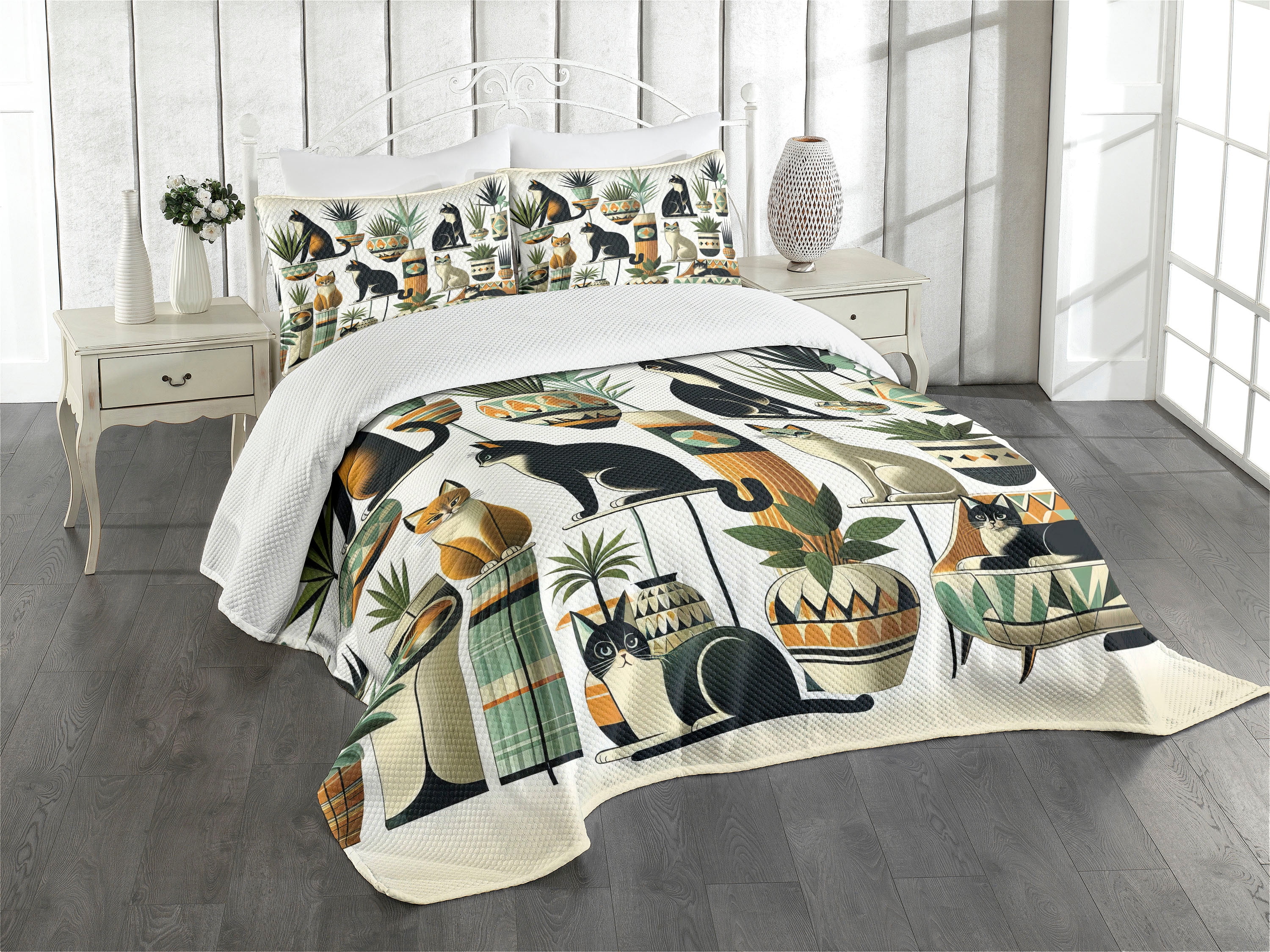 Ambesonne Cat Quilted Bedspread Set 3 Pcs, Boho Ethnic Animal Botanocal ...