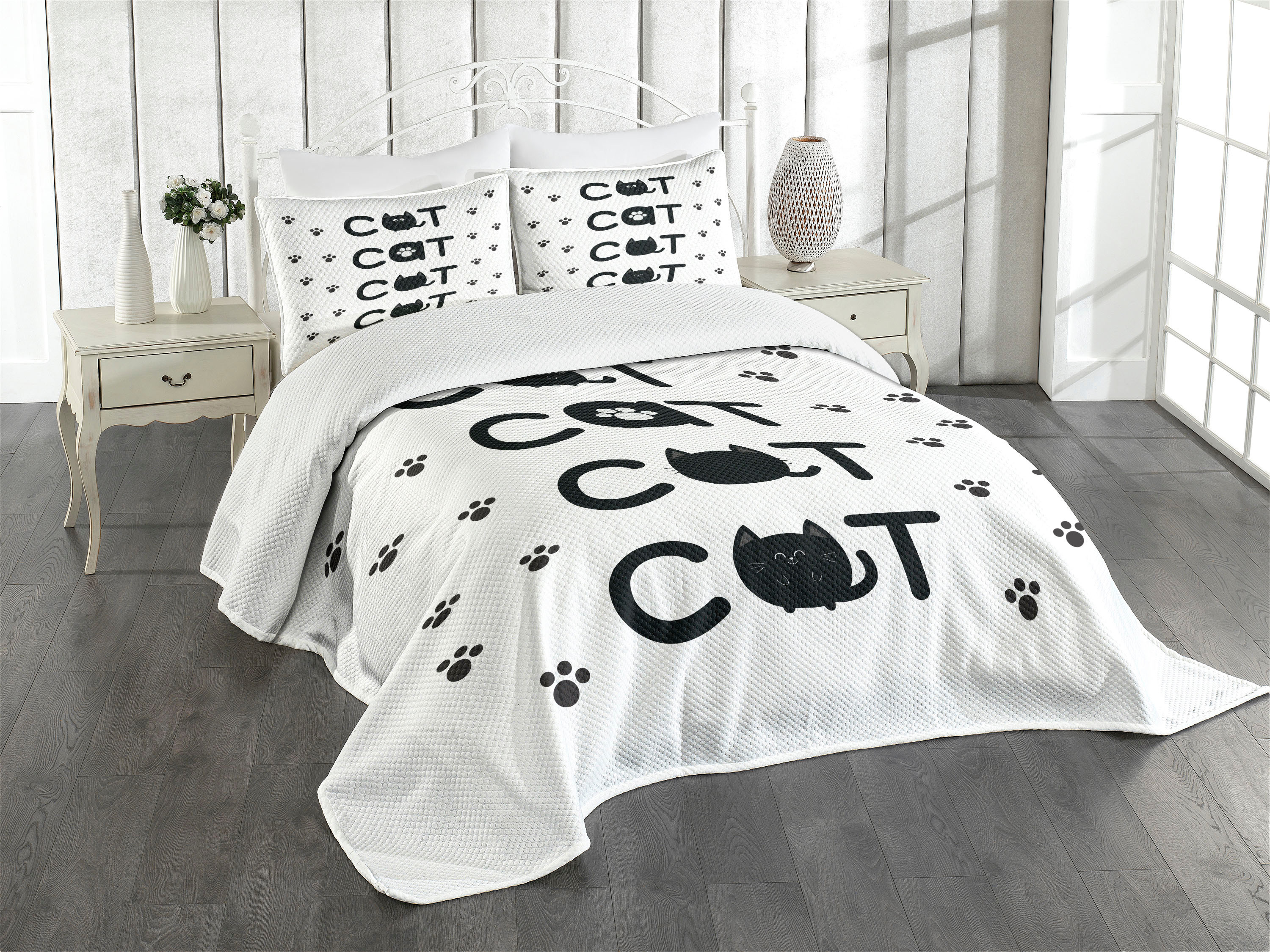 Ambesonne Cat Quilted Bedspread Set 3 Pcs, Cat Text with Paw Prints ...