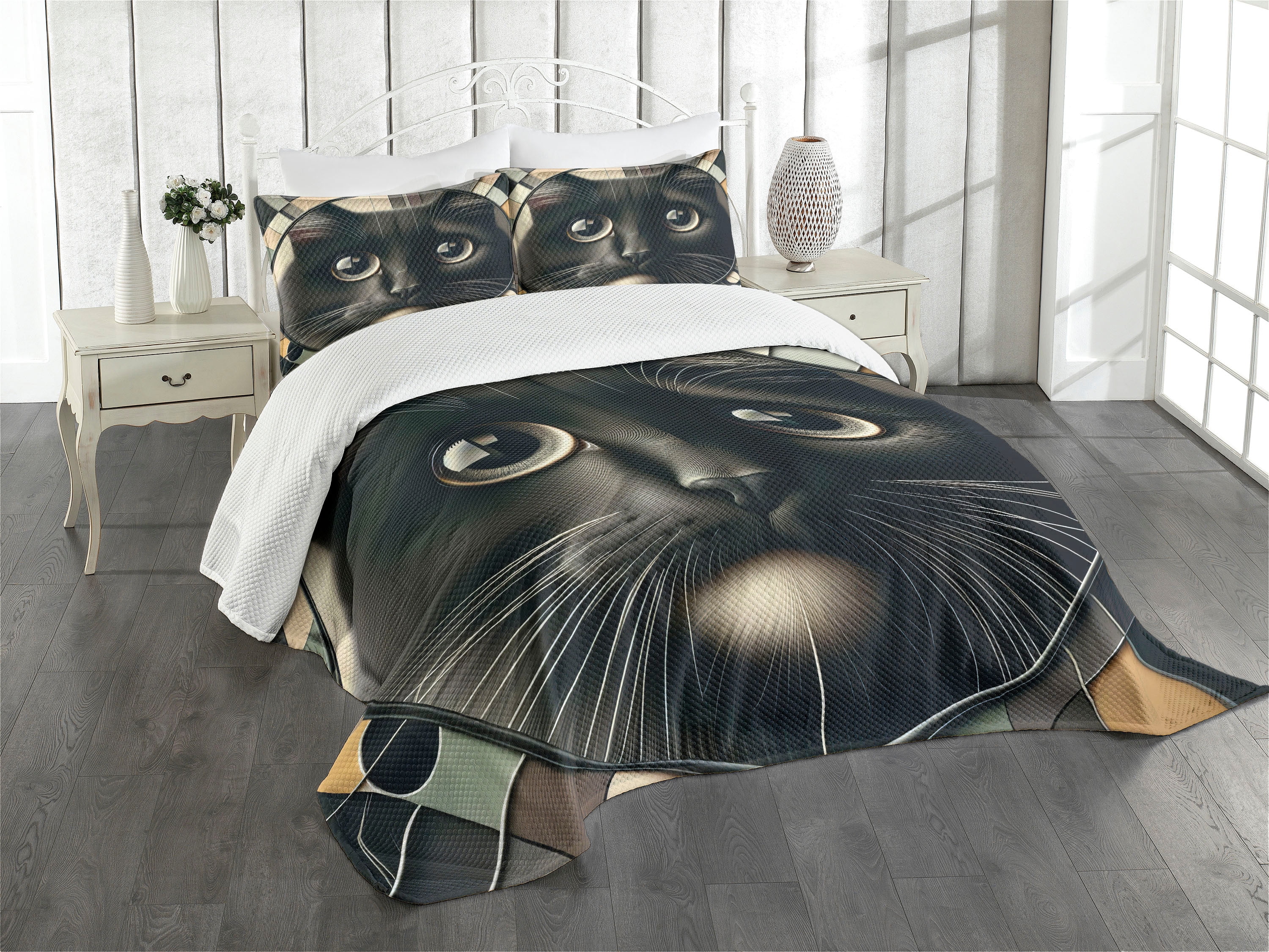 Ambesonne Cat Quilted Bedspread Set 3 Pcs, Closeup Circle of a Black ...