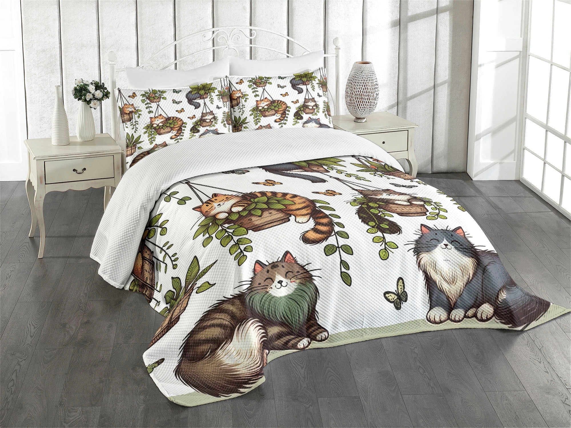 Ambesonne Cat Quilted Bedspread Set 3 Pcs, Happy Smiling Kitties ...