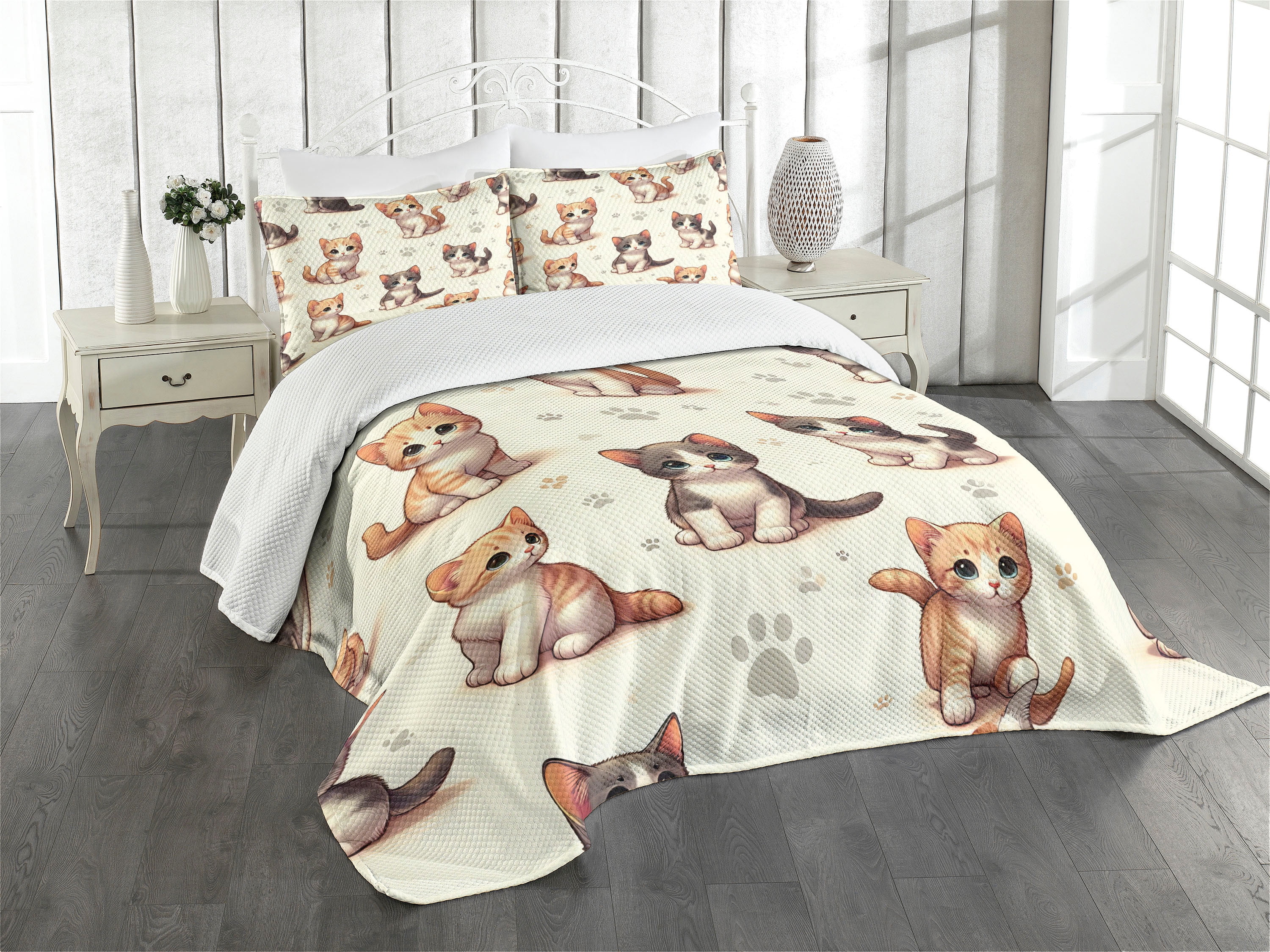 Ambesonne Cat Quilted Bedspread Set 3 Pcs, Little Fun Kittens Cartoon ...