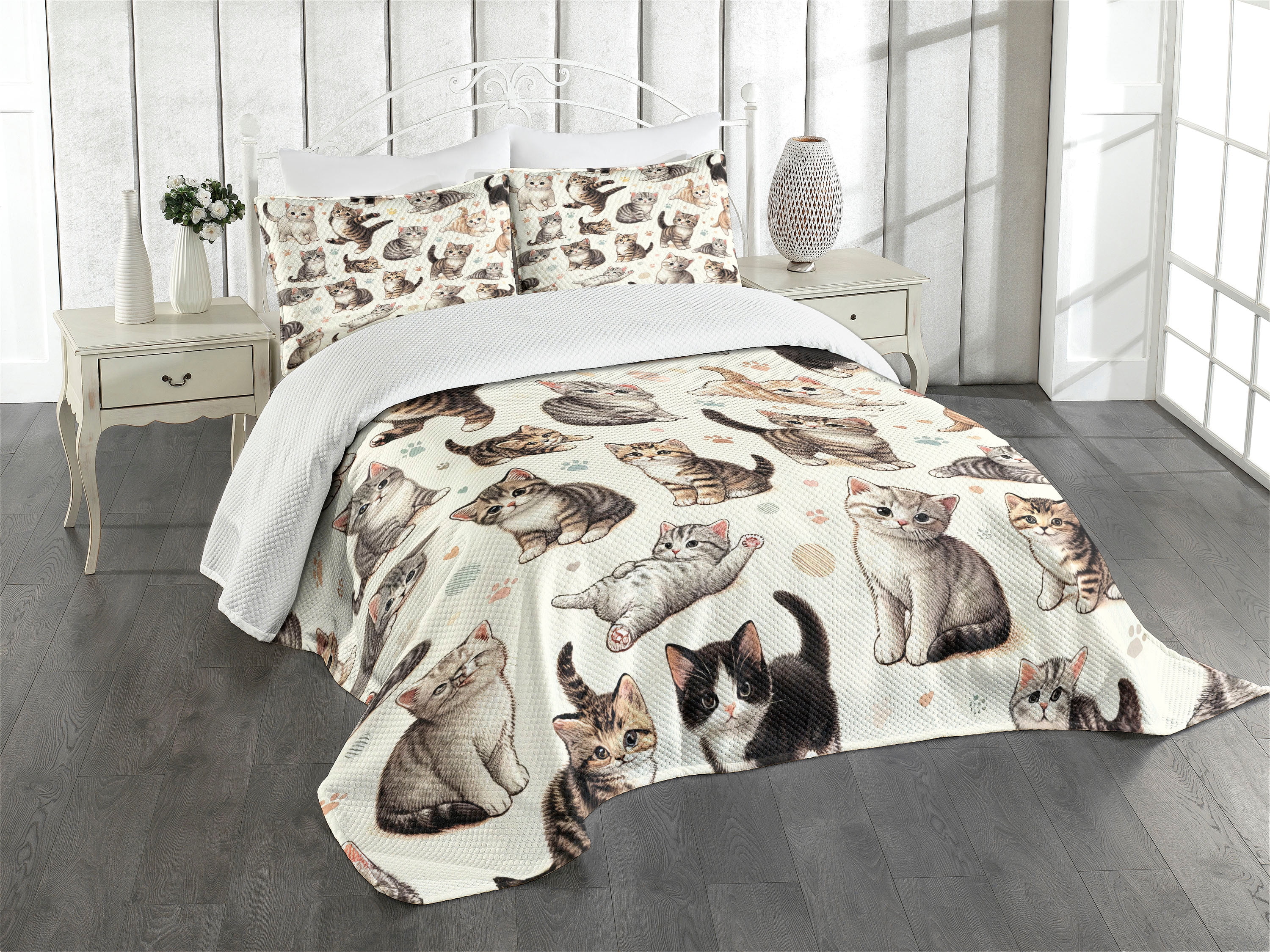 Ambesonne Cat Quilted Bedspread Set 3 Pcs, Little Kittens Playful Poses ...