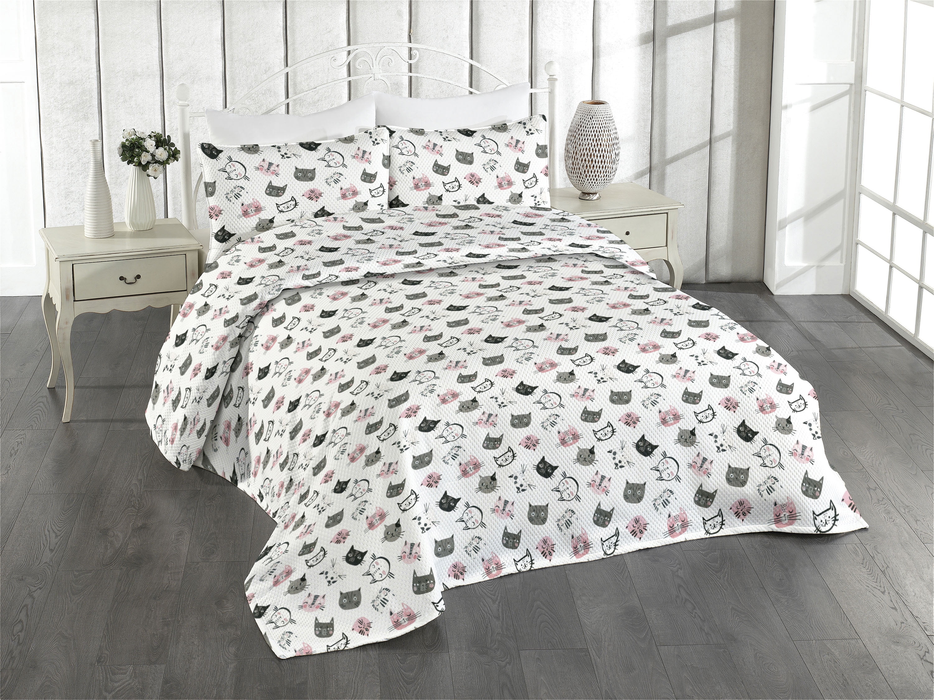 Ambesonne Cat Quilted Bedspread Set 3 Pcs, Little Kitty Faces Cartoon ...