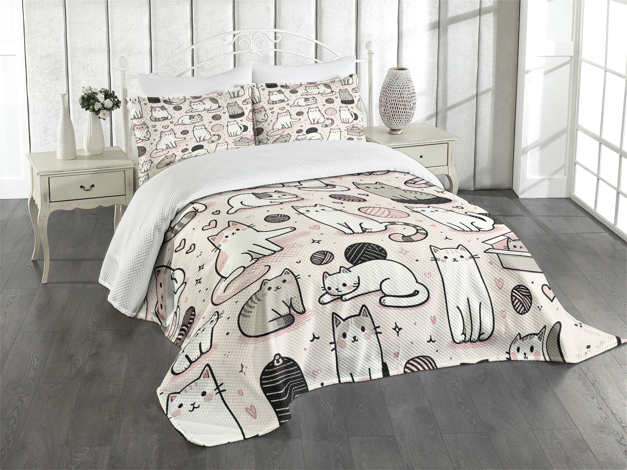 Ambesonne Cat Quilted Bedspread Set 3 Pcs, Pastel Simplistic Drawn ...