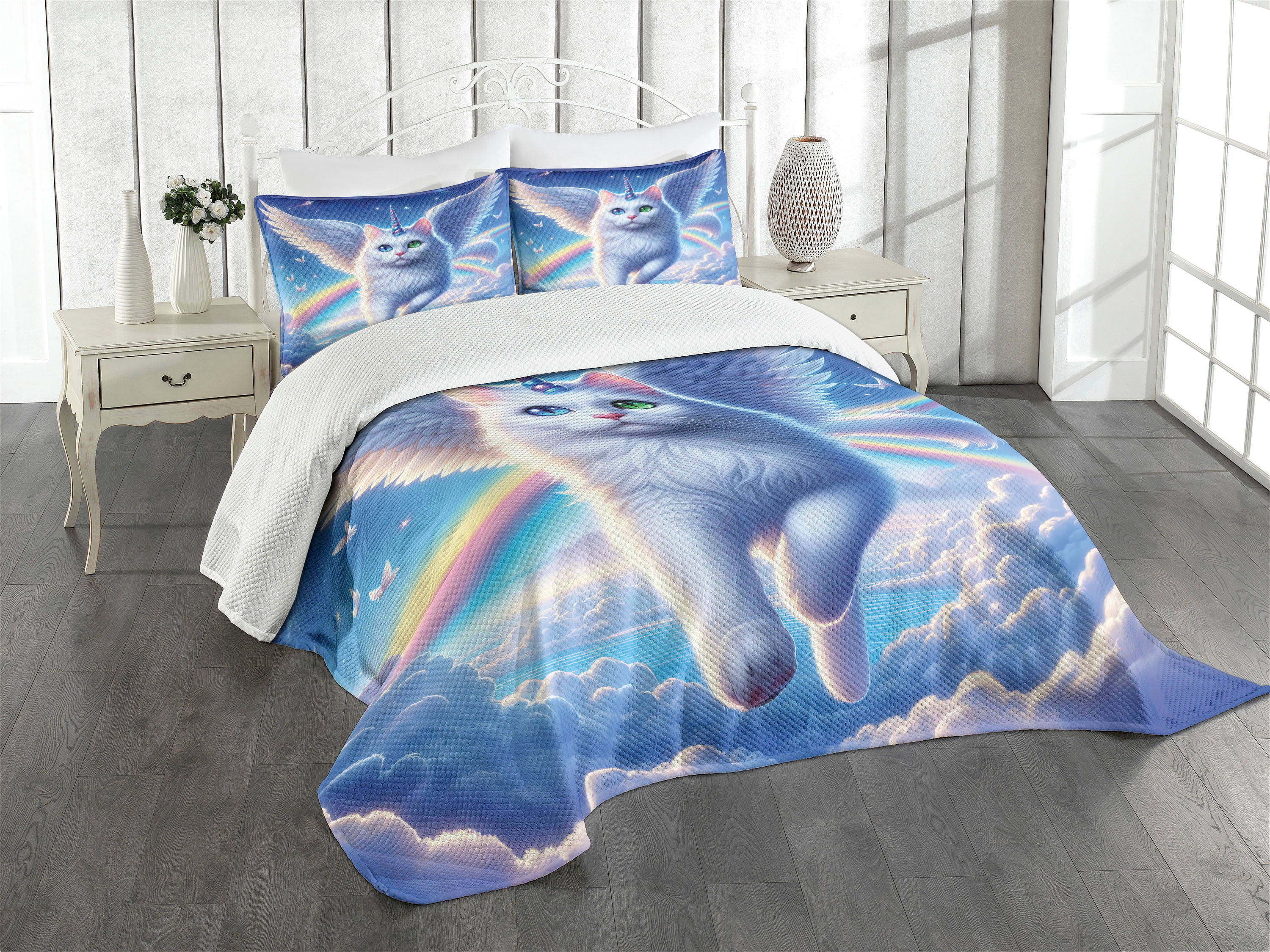 Ambesonne Cat Quilted Bedspread Set 3 Pcs, Pegasus Kitty Flies Clouds ...