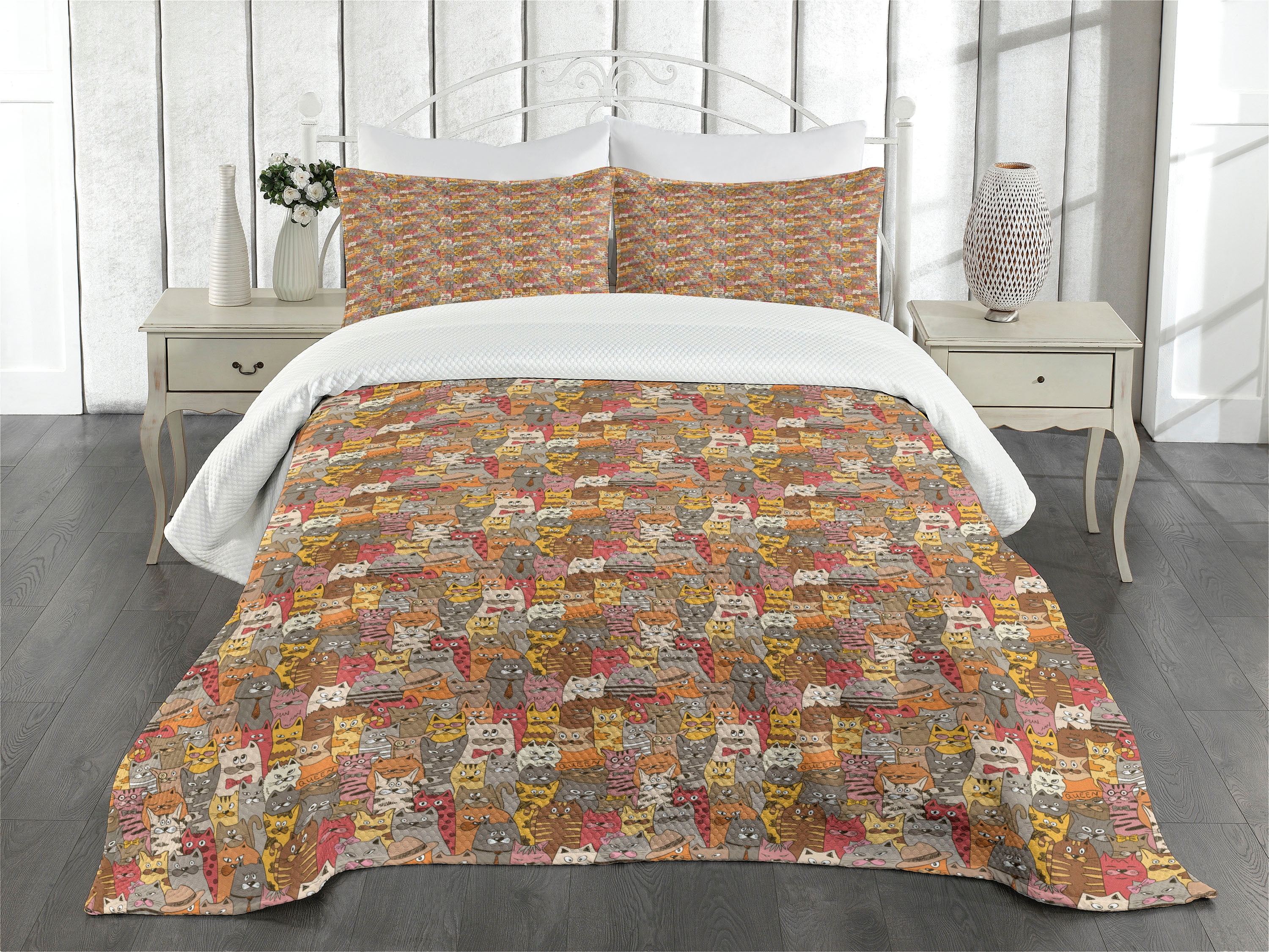 Ambesonne Cat Quilted Bedspread Set 3 Pcs, Psychedelic Comic Mascots ...