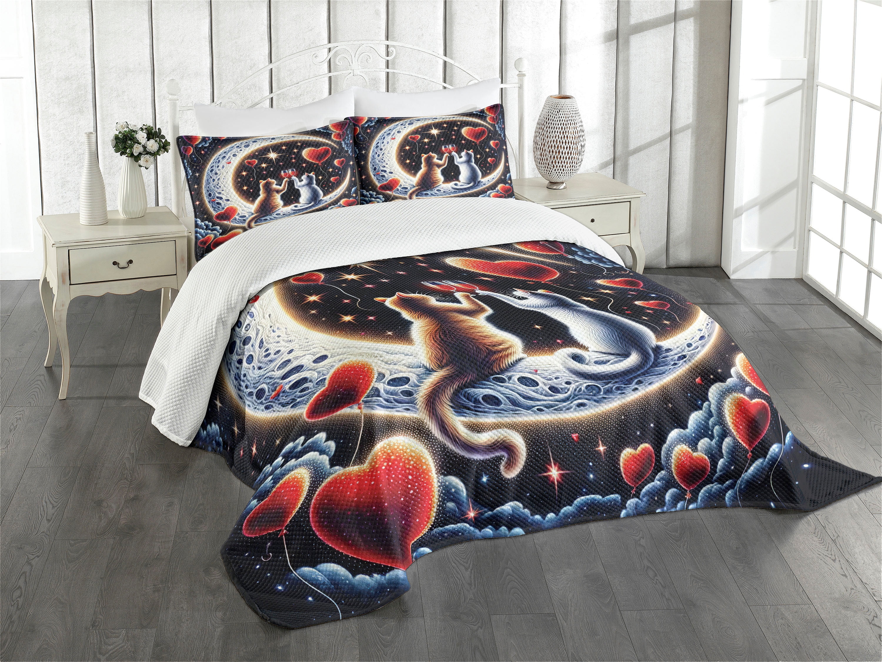 Ambesonne Cat Quilted Bedspread Set 3 Pcs, Toasting Kitty Couple Moon Star, Queen Size, Indigo ...