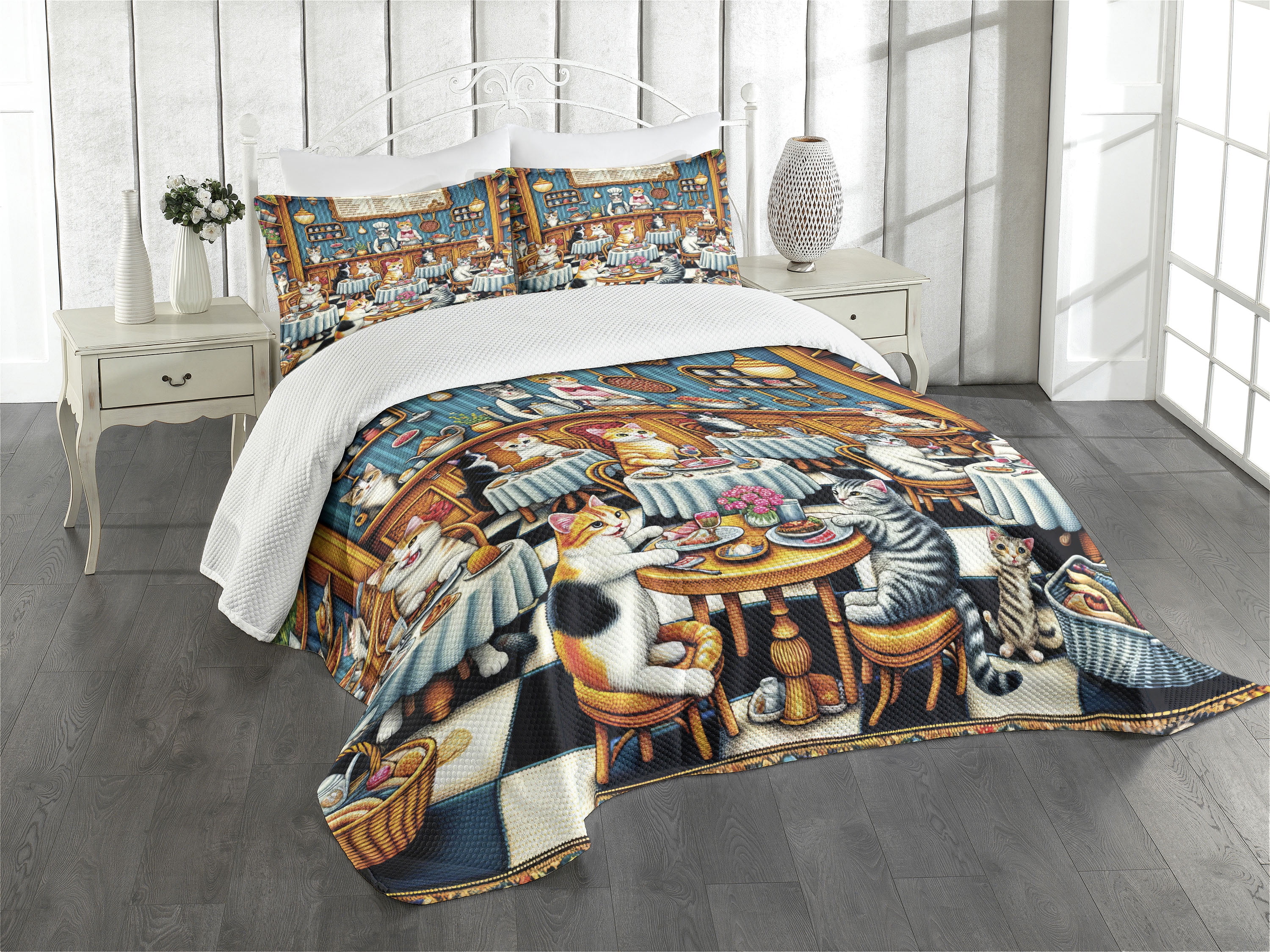 Ambesonne Cat Quilted Bedspread Set 3 Pcs, Whimsical Restaurant Pixel ...