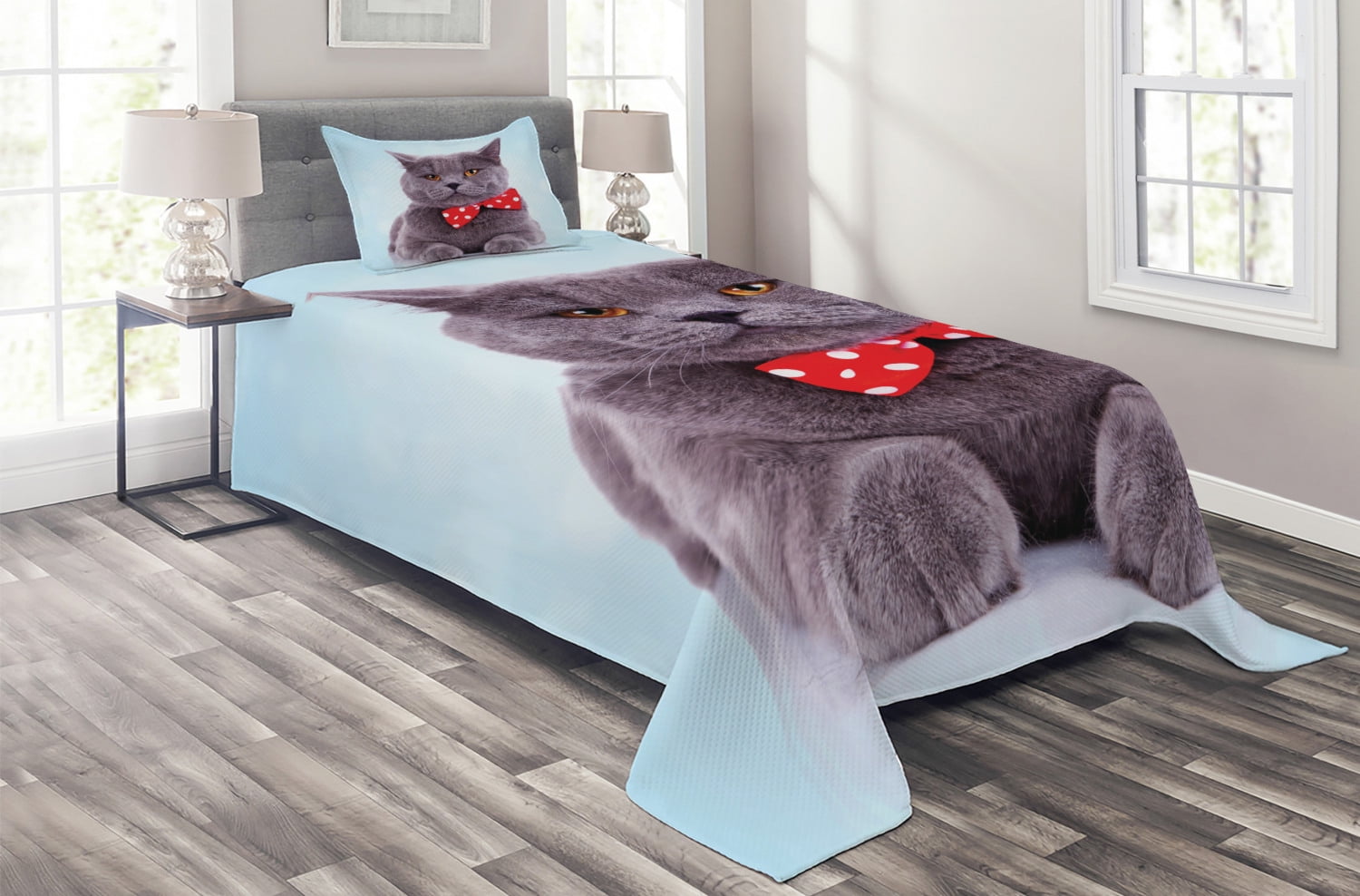 Ambesonne Cat Quilted Coverlet 2 Pcs, Grey Scottish Fold Theme, Twin ...