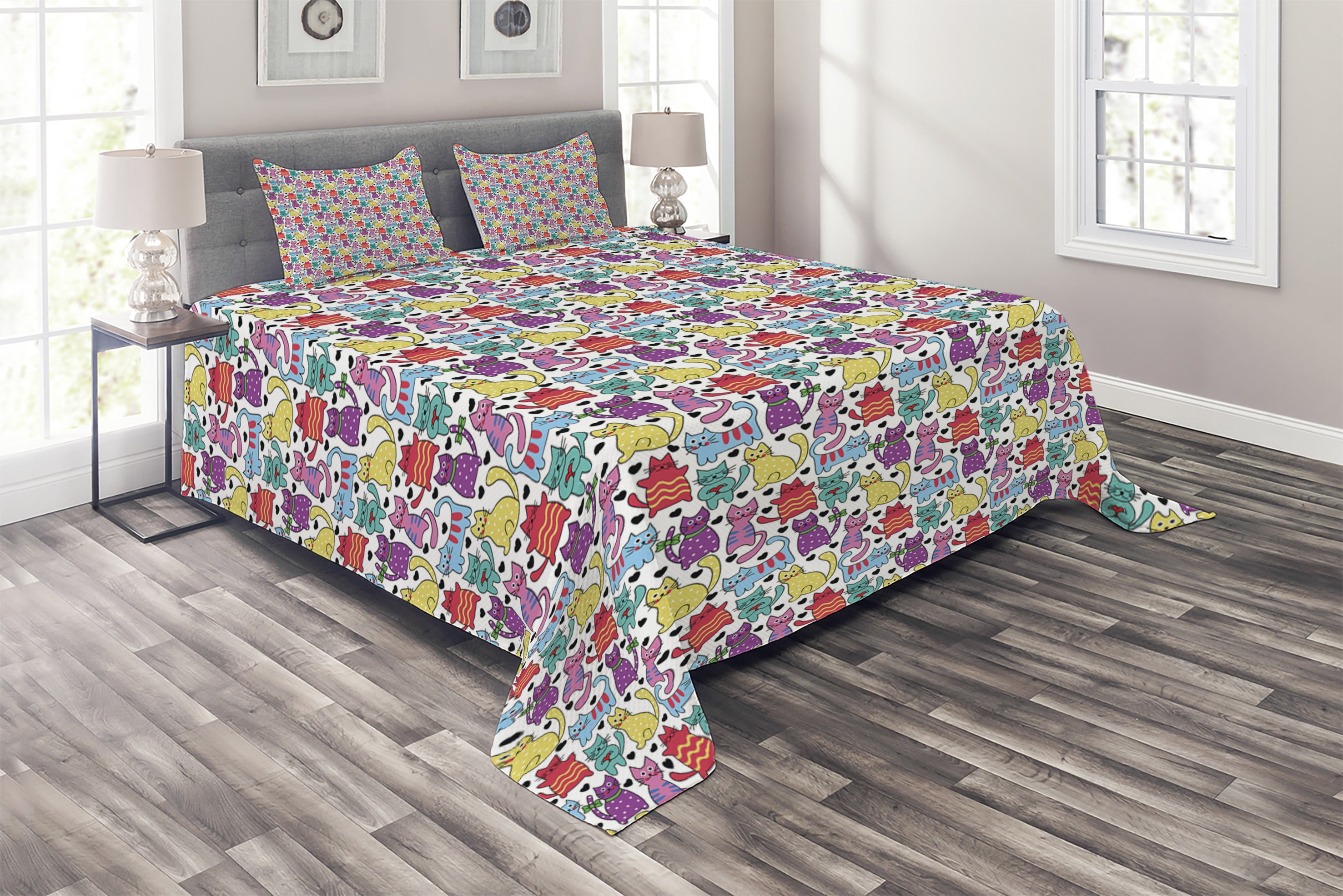 Ambesonne Cat Quilted Coverlet 3 Pcs, Colorful Romantic Mascots, King ...