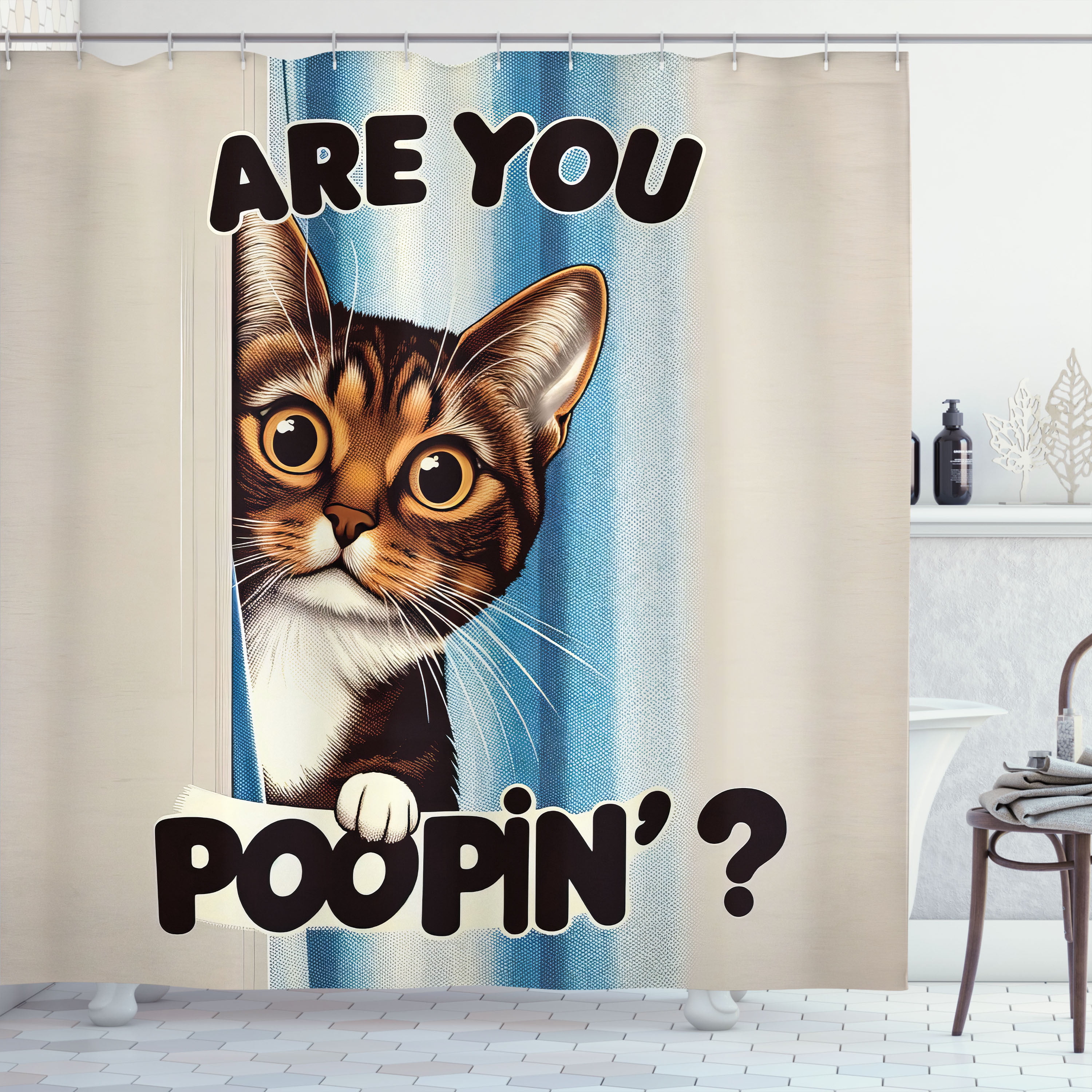 Ambesonne Cat Shower Curtain, Are You Poopin' Curious Kitty, 69"Wx75"L, Blue Coconut Chocolate ...