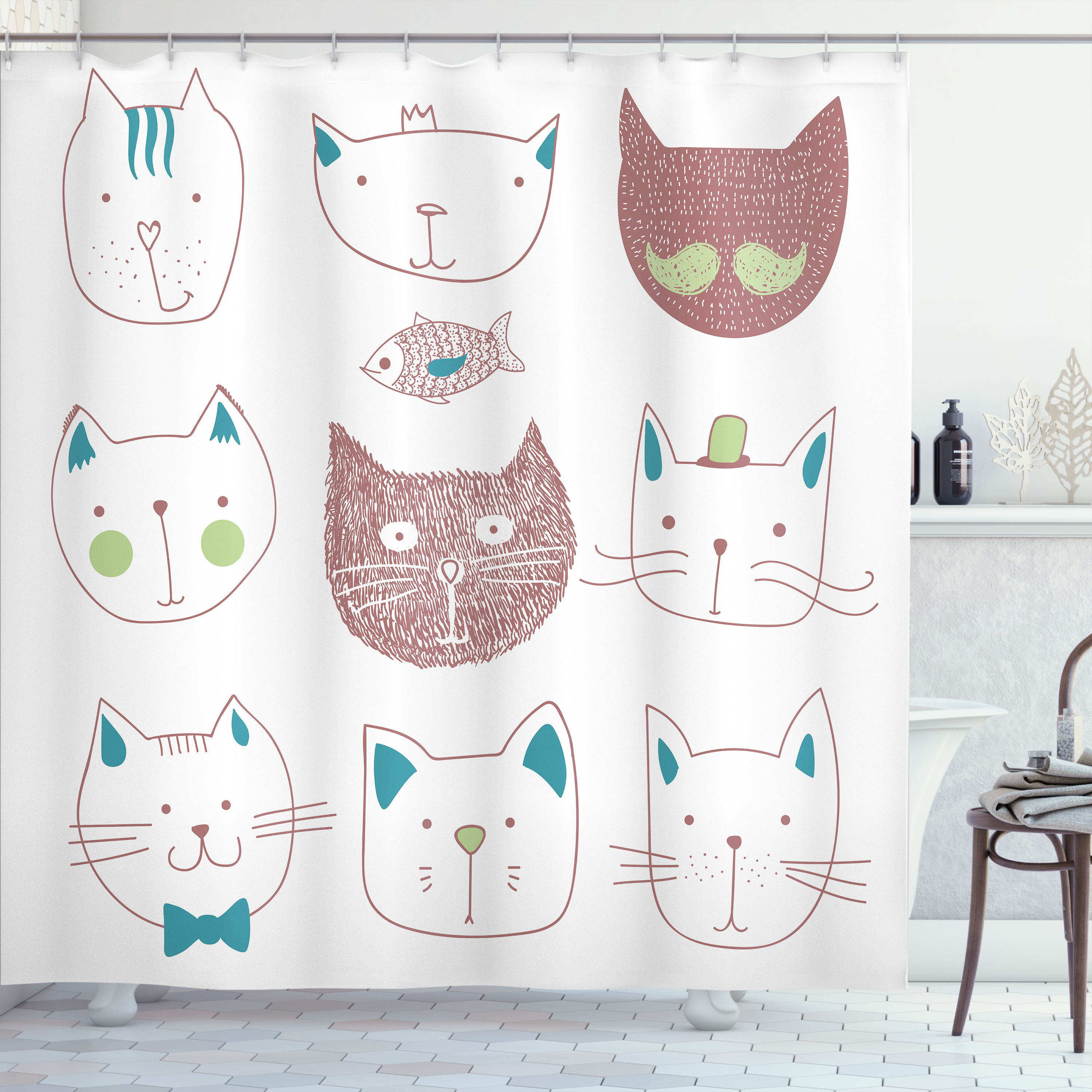 Ambesonne Cat Shower Curtain, Moustache Fish Faces Print Art, 69"Wx70"L ...