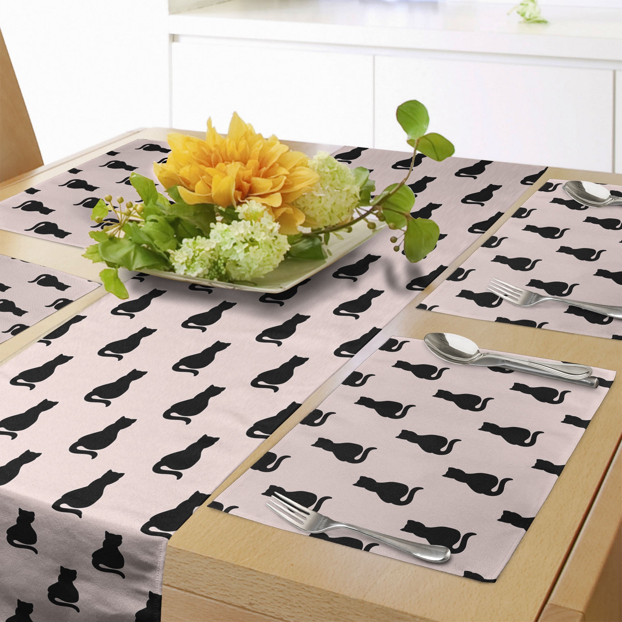 Ambesonne Cat Table Runner & Placemats, Black Silhouettes on Pink ...
