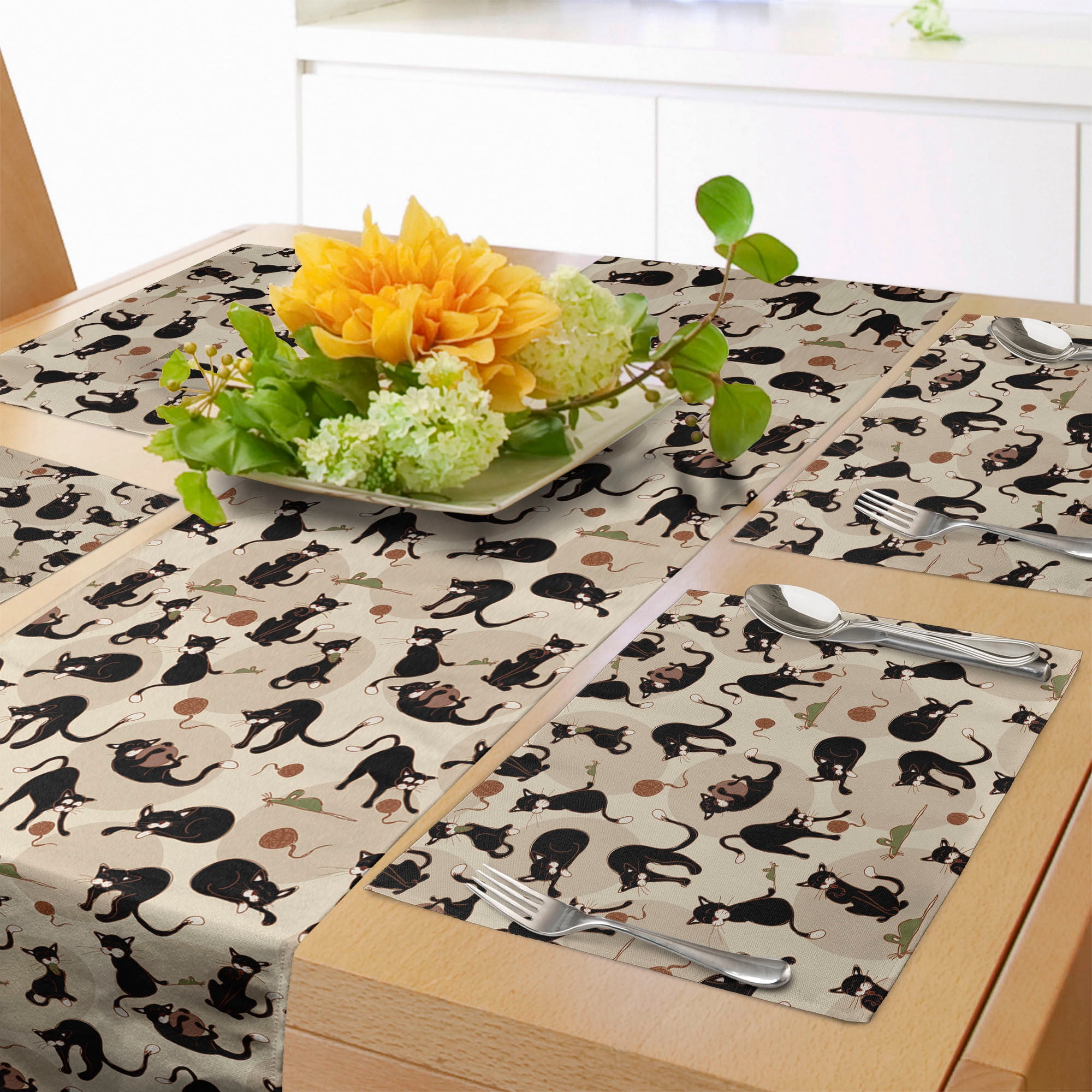 Ambesonne Cat Table Runner & Placemats, House Pet Playing with Ball ...