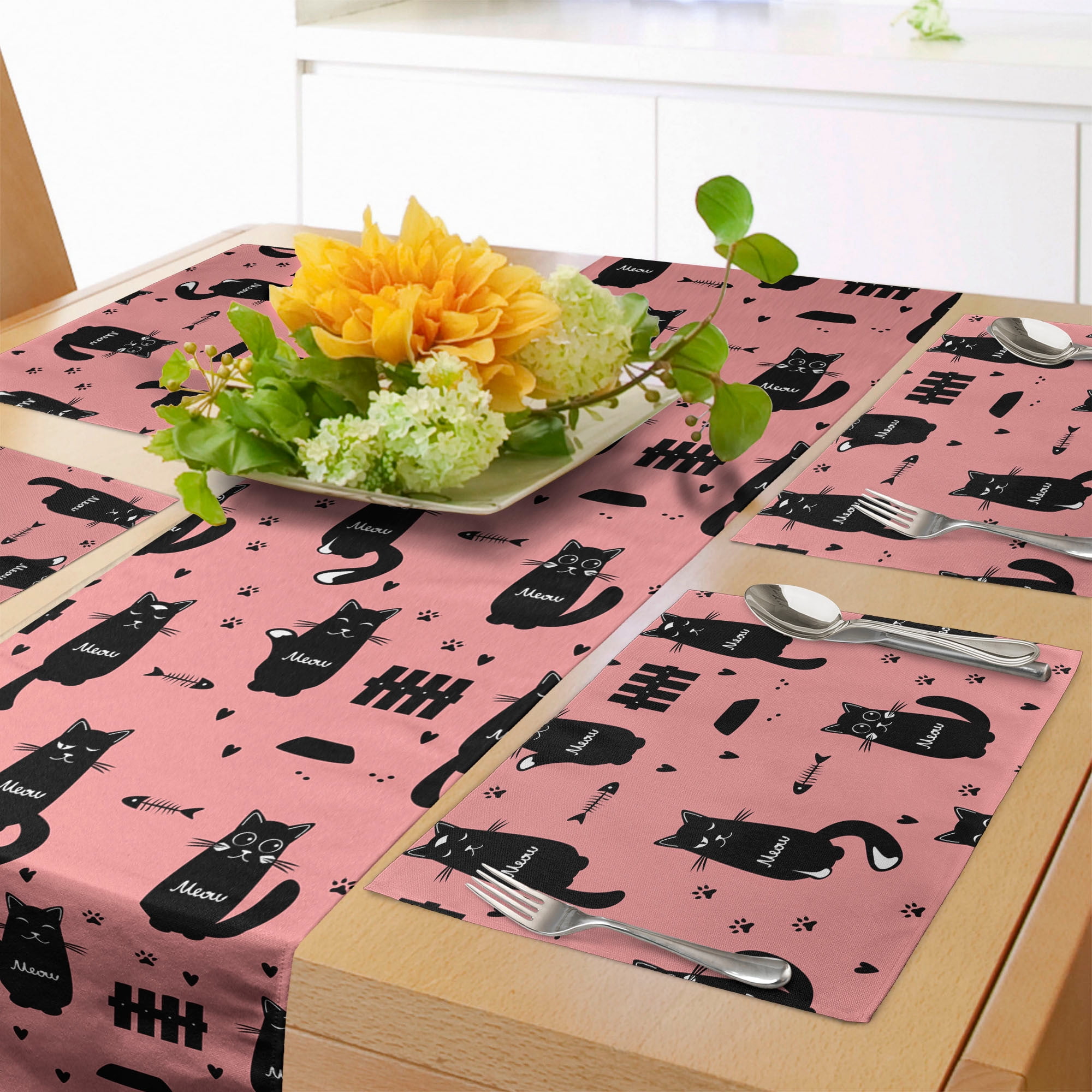 Ambesonne Cat Table Runner & Placemats, Kitten Silhouette Fish Paws ...