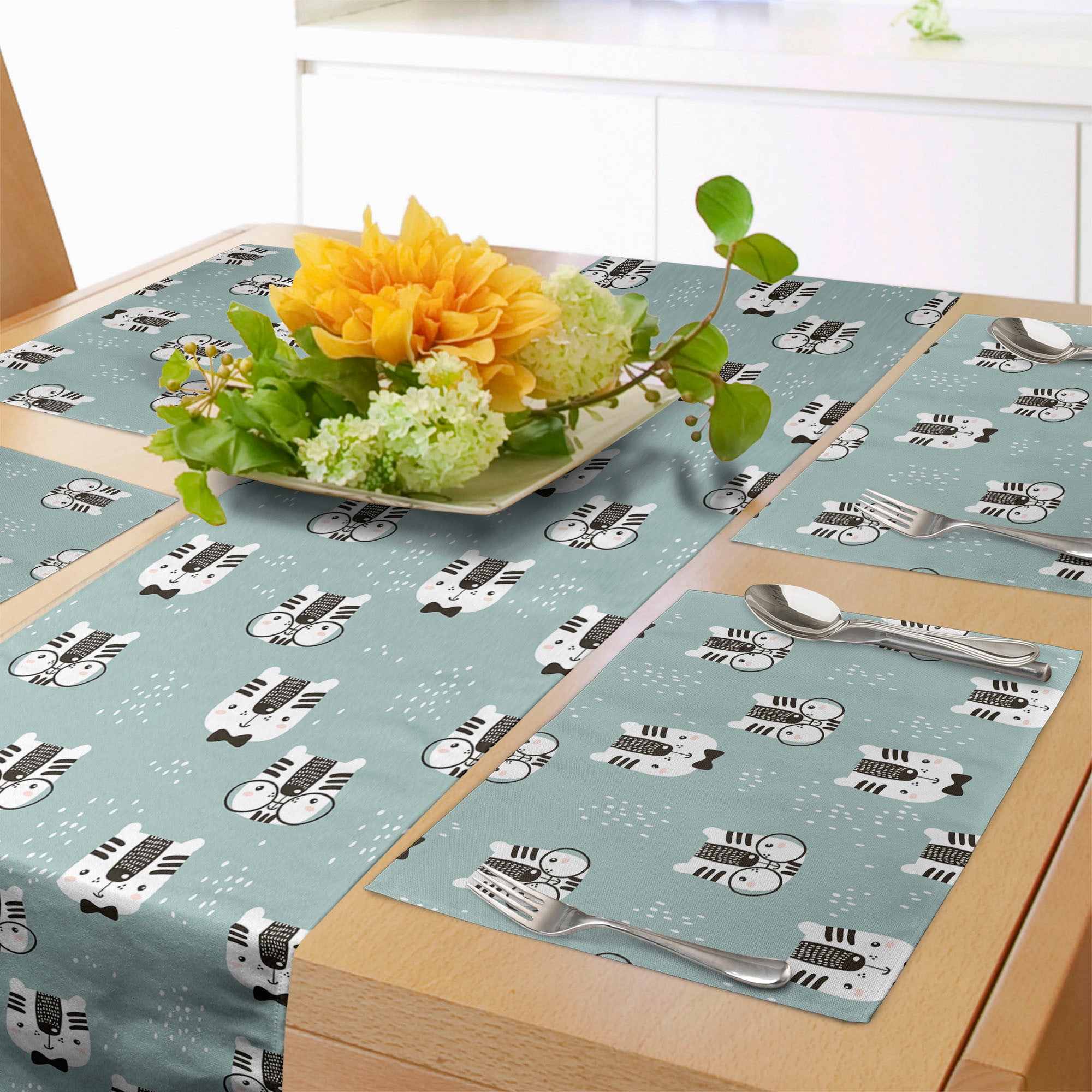 Ambesonne Cat Table Runner & Placemats, Kittens with Giant Glasses ...