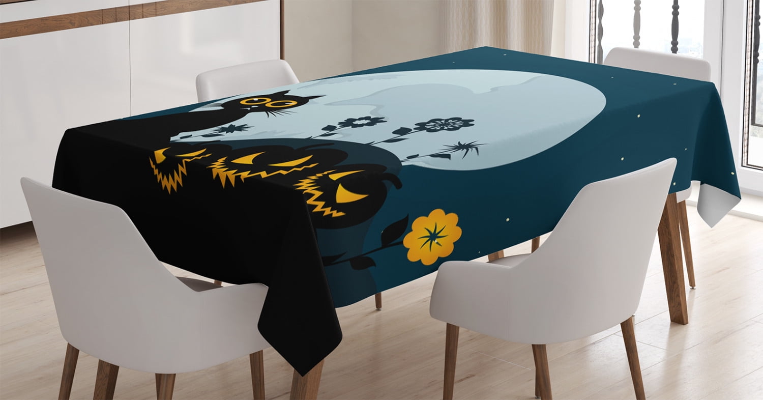 Ambesonne Cat Tablecloth Rectangular Table Cover, Kitty Under Moon, 52 ...