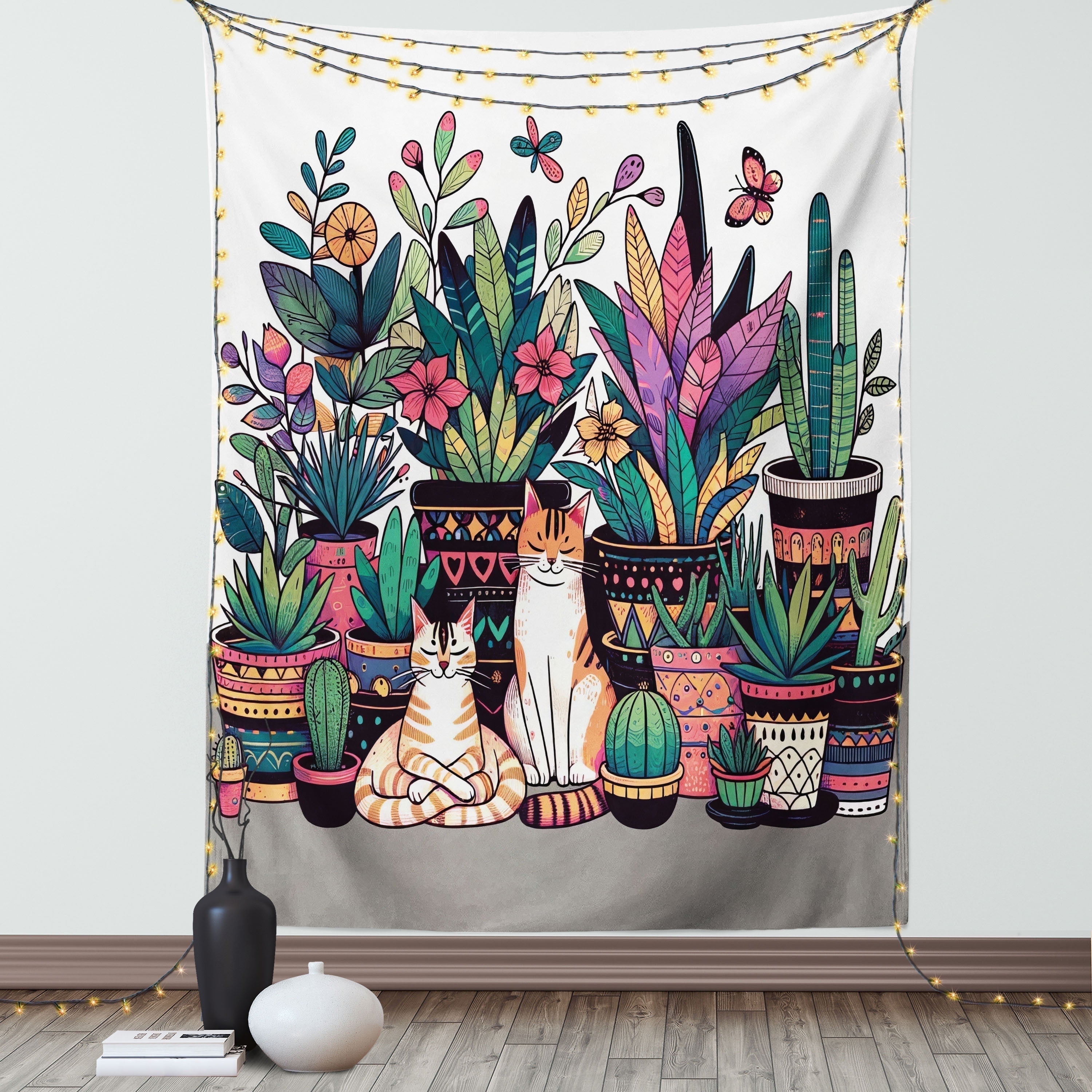 Ambesonne Cat Tapestry Wall Hanging, Modern Blooms Kitties Cozy Calm ...