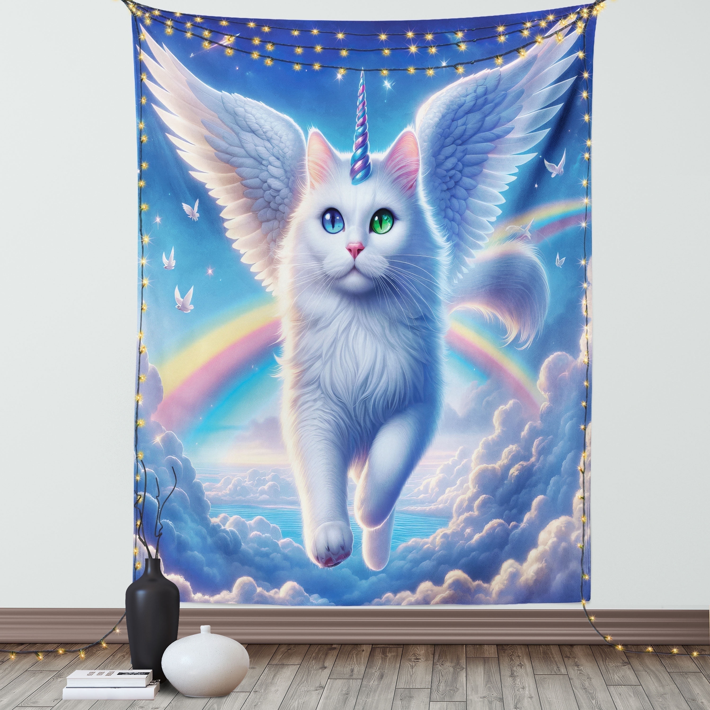 Ambesonne Cat Tapestry Wall Hanging, Pegasus Kitty Flies Clouds Sky, 60 ...