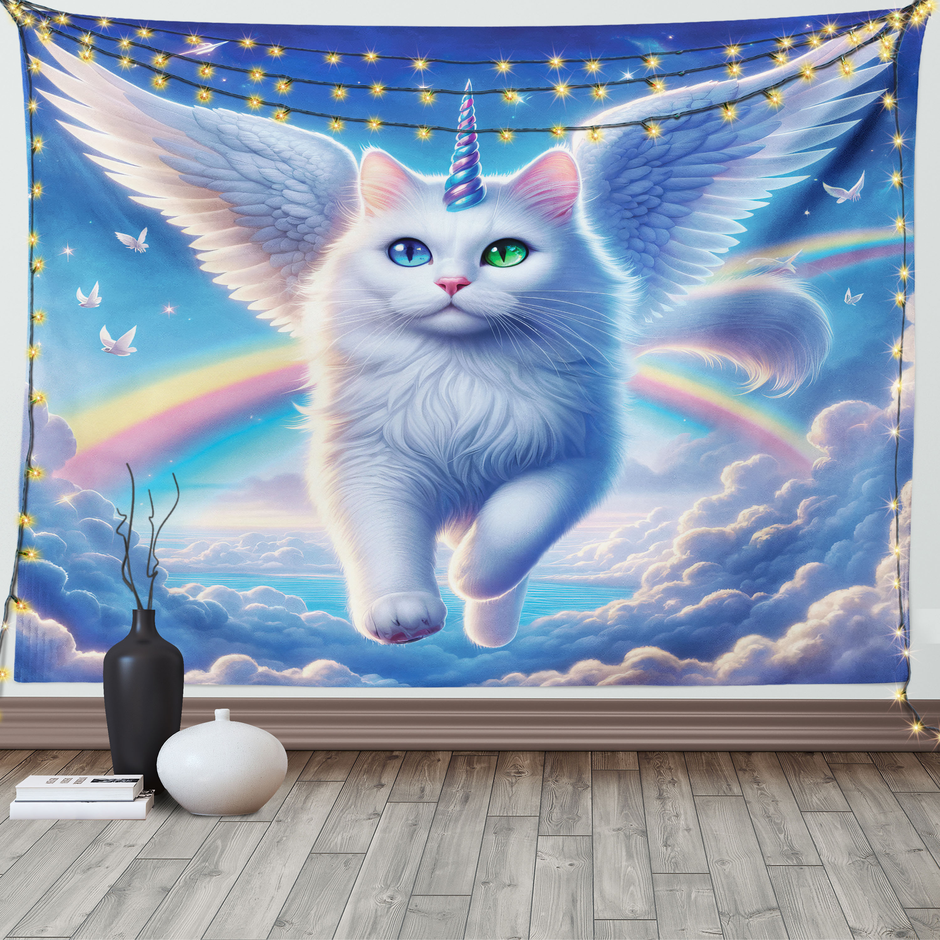 Ambesonne Cat Tapestry Wall Hanging, Pegasus Kitty Flies Clouds Sky, 80 ...