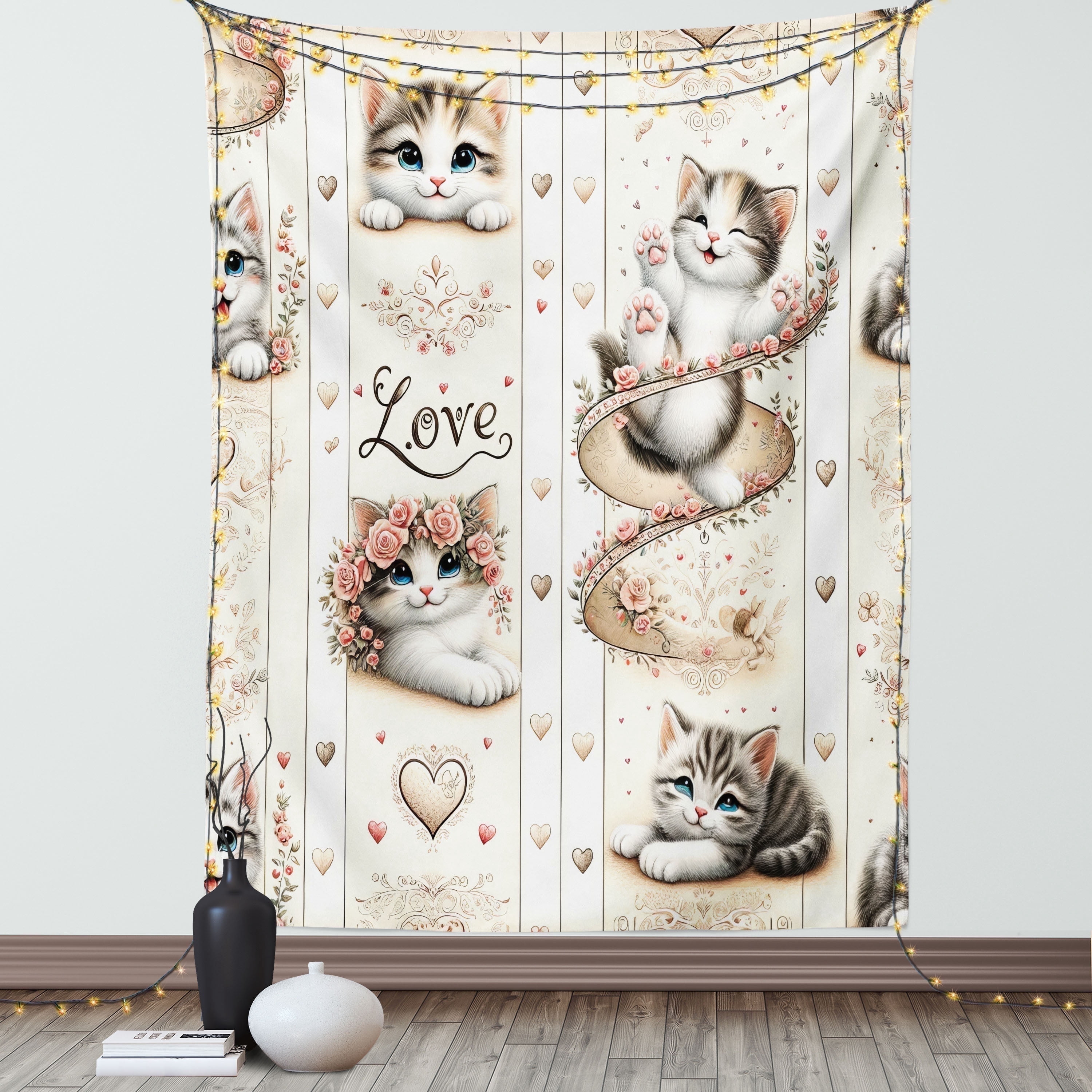 Ambesonne Cat Tapestry Wall Hanging, Vintage Smiling Blue Eyed Kitty ...