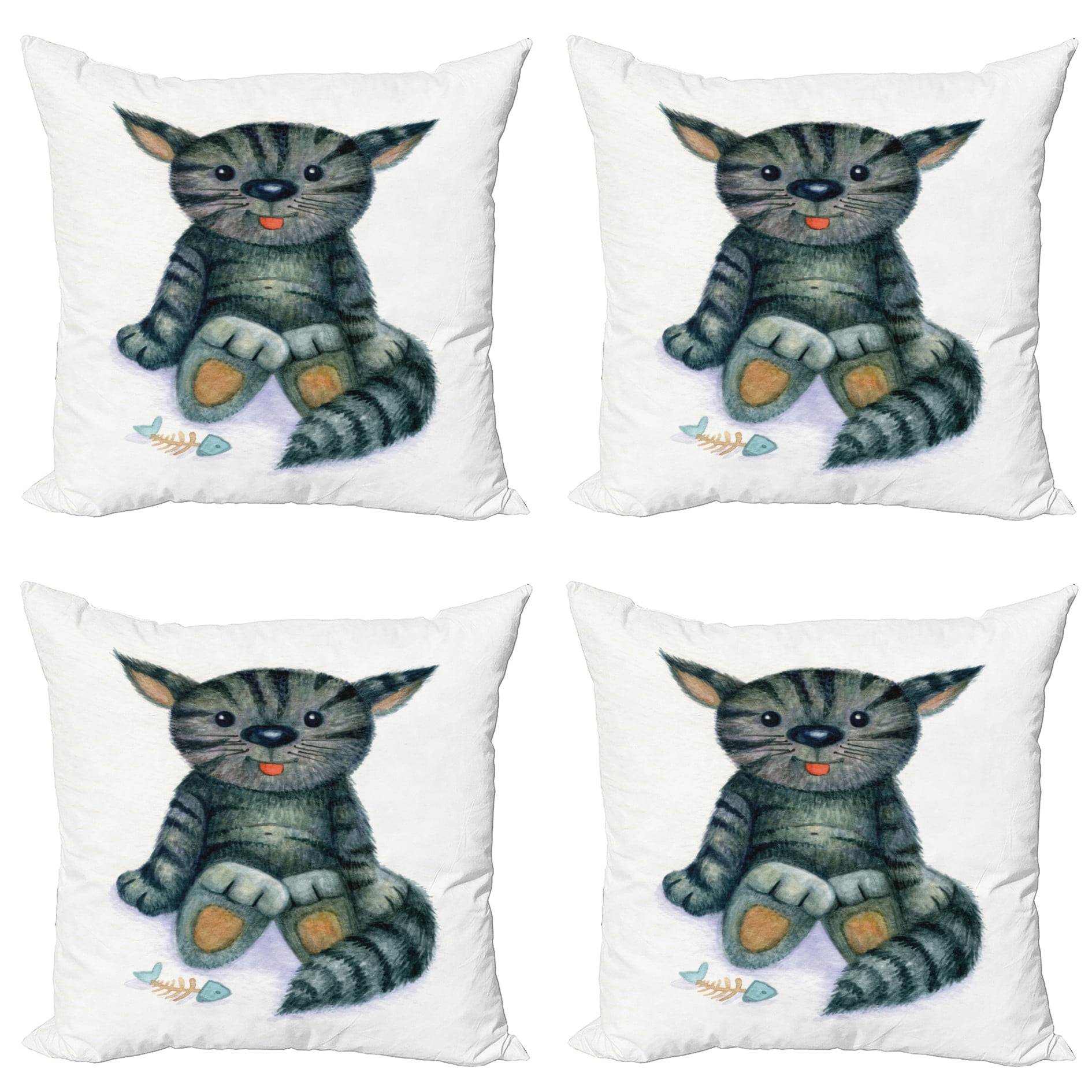 Ambesonne Cat Throw Pillow Cover 4 Pack, Cat Cartoon Fish Skeleton, 16 ...