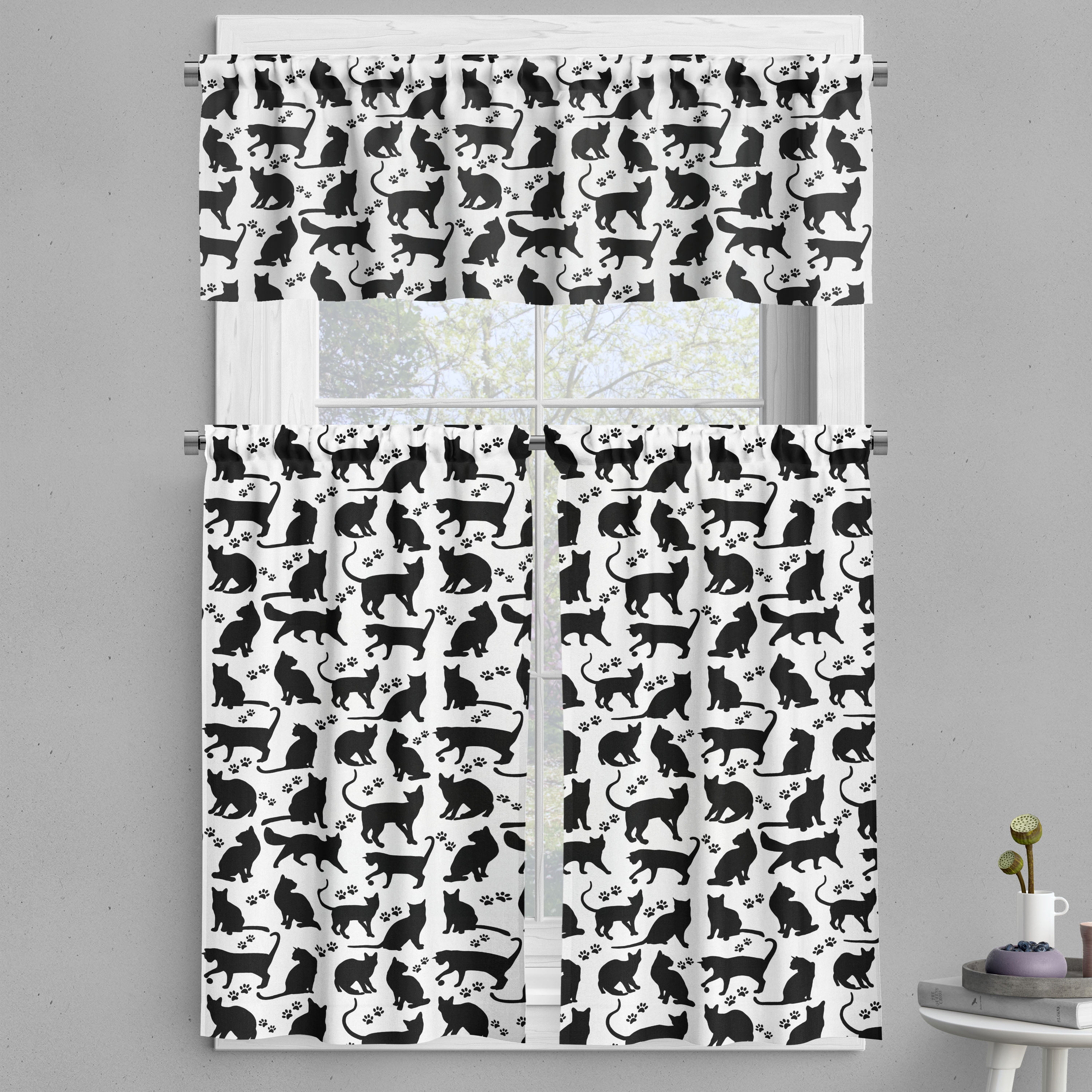 Ambesonne Cat Valance & Curtain, Black Silhouettes Friendly, 55"x30 ...