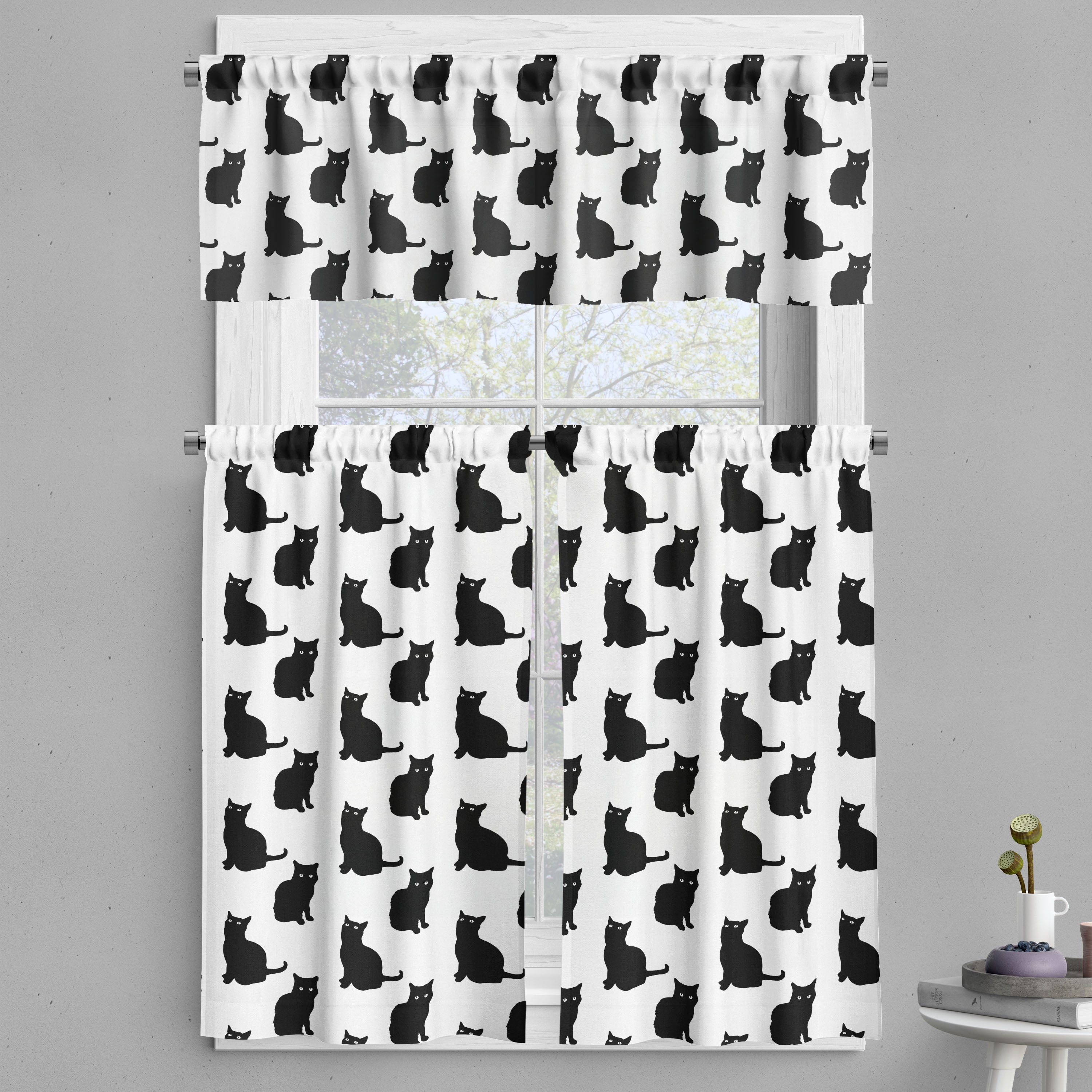 Ambesonne Kitchen & Bedroom Window Valance & Curtain Set, Playful Black ...