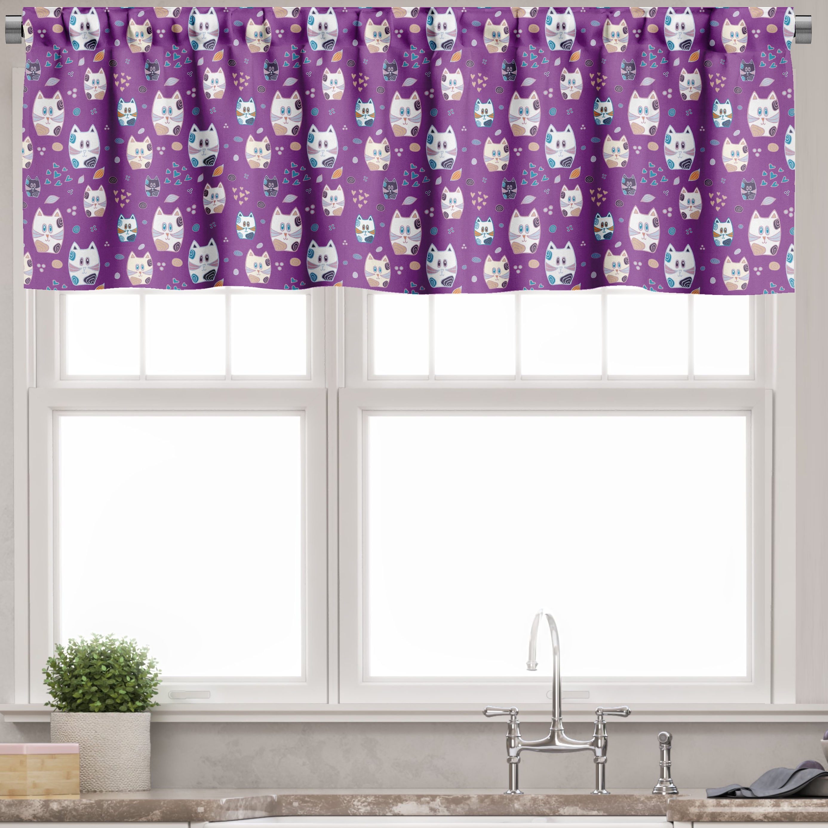 Ambesonne Cat Window Valance, Doodle Cartoon Kittens, 42" x 12 ...