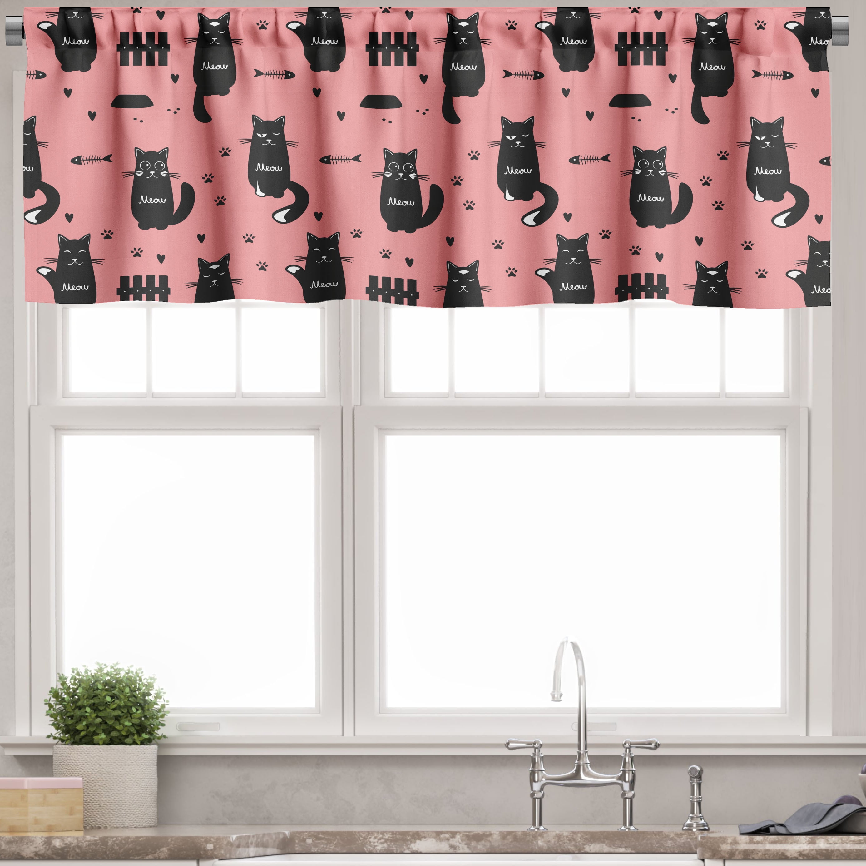 Ambesonne Cat Window Valance, Kitten Silhouette Fish Paws, 42" x 12 ...