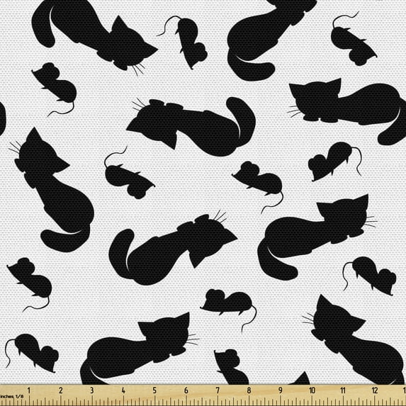 Ambesonne Cat and Mouse Fabric by the Yard Upholstery, Animals on Plain ...