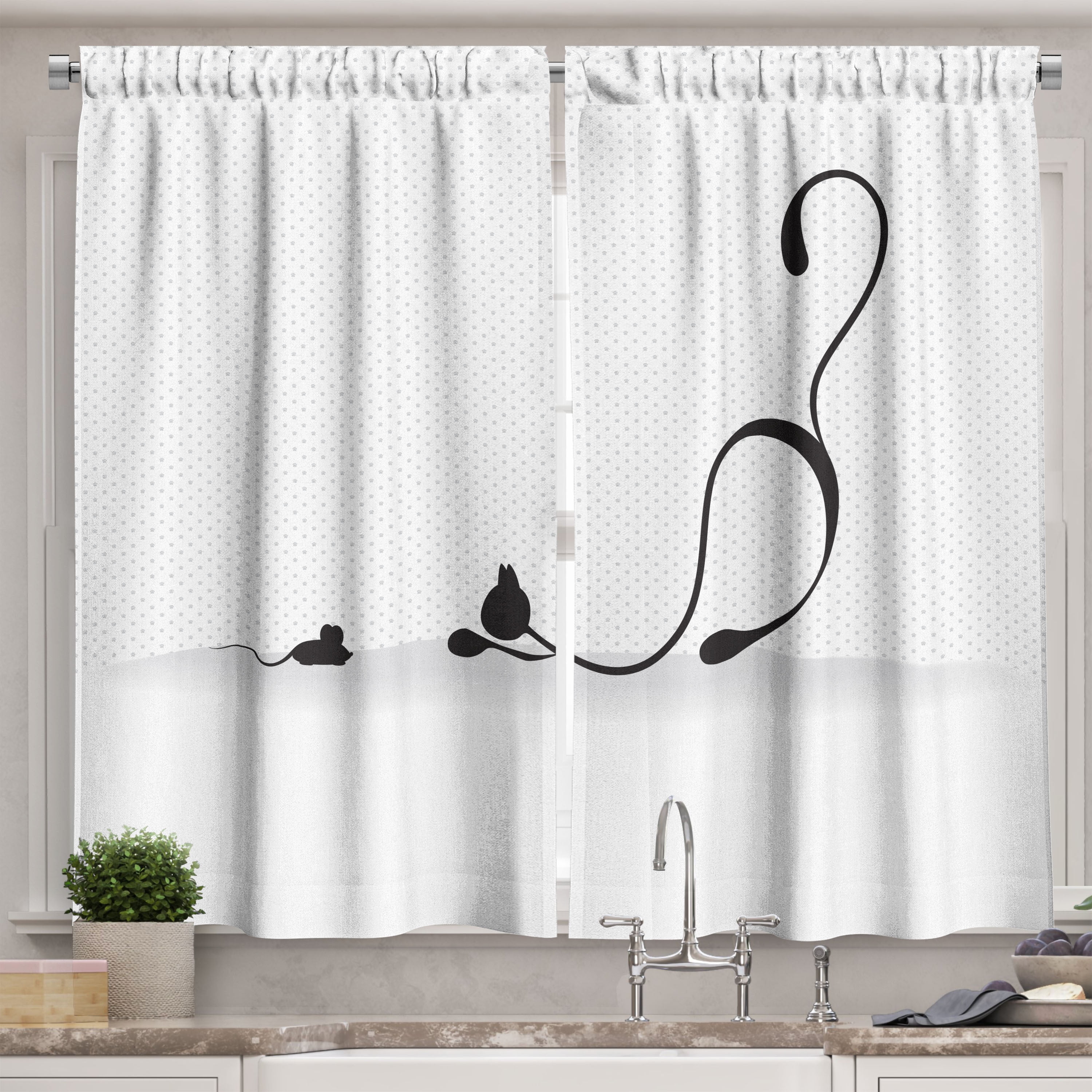 Ambesonne Cat and Mouse Kitchen Curtains, Paw Motif Background, 55"x45 ...