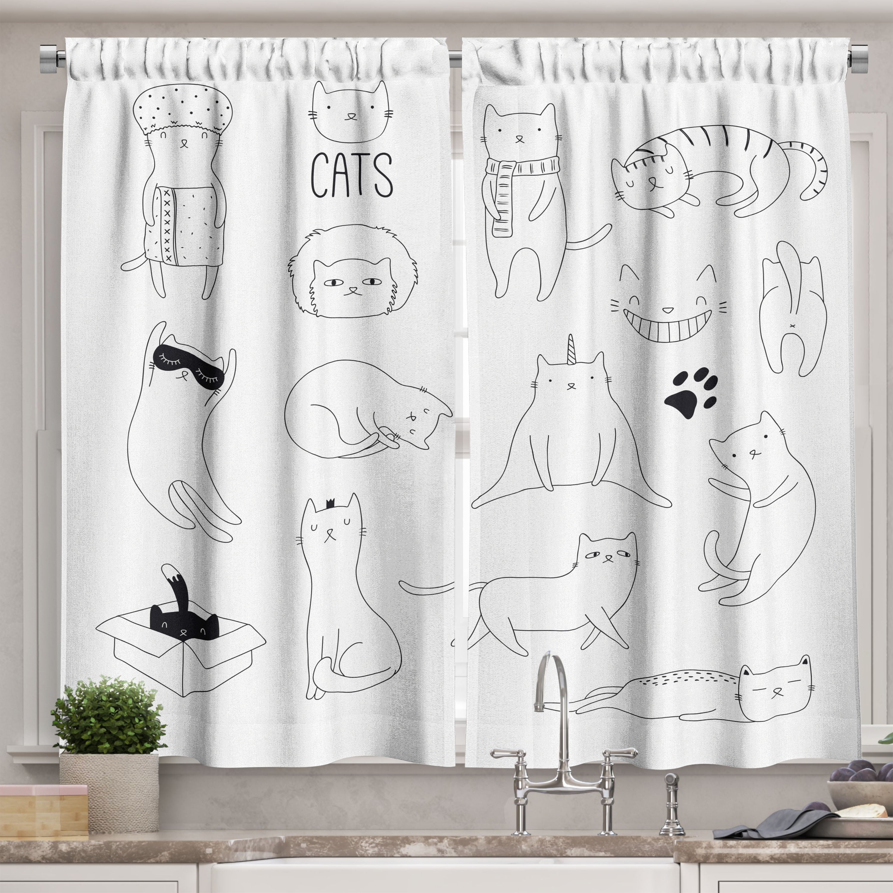 Ambesonne Cats Kitchen Curtains, Pattern Cat Fiddles Kitten, 55"x45 ...