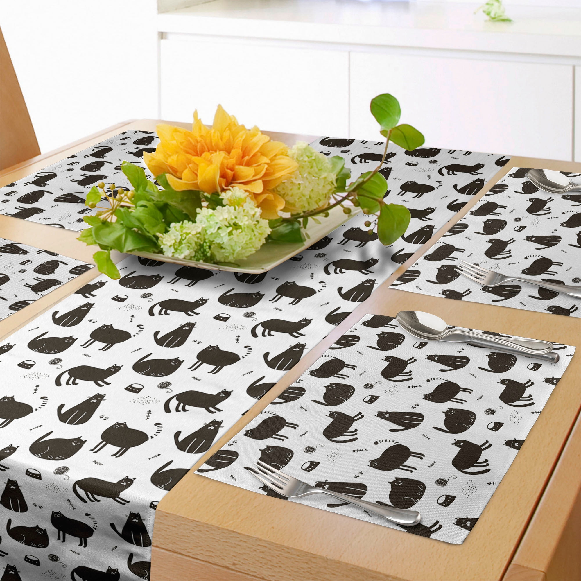 Ambesonne Cats Table Runner & Placemats, Grumpy Funny Kitty Pattern ...