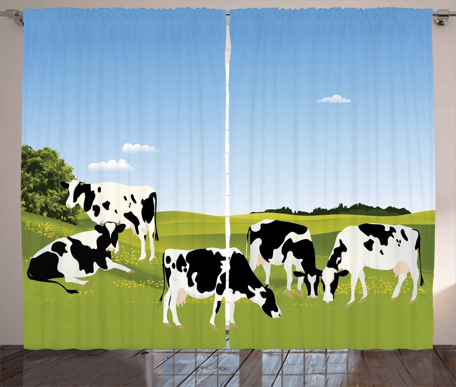 Ambesonne Cattle Curtains 2 Panel Set, Graphic Domestic Cows, 108" x 63 ...