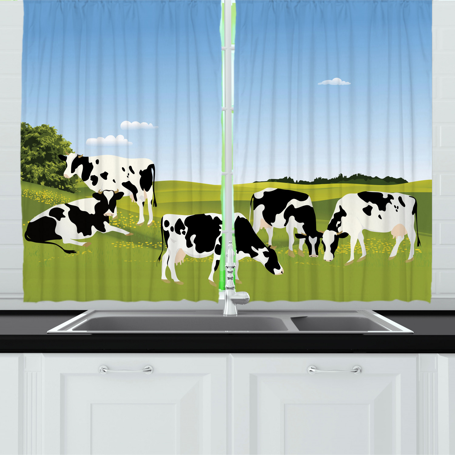 Ambesonne Cattle Kitchen Curtains, Graphic Domestic Cows, 55"x39 ...