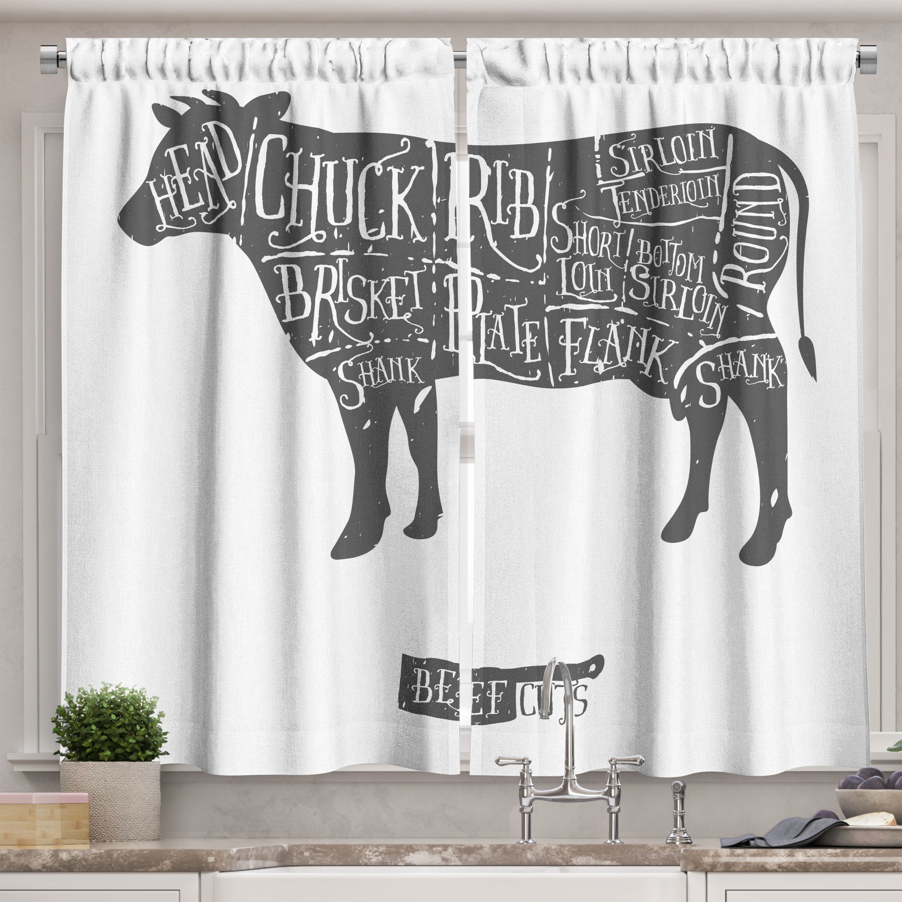 Ambesonne Cattle Kitchen Curtains, Hand-Drawn Butcher Cuts, 55"x45 ...