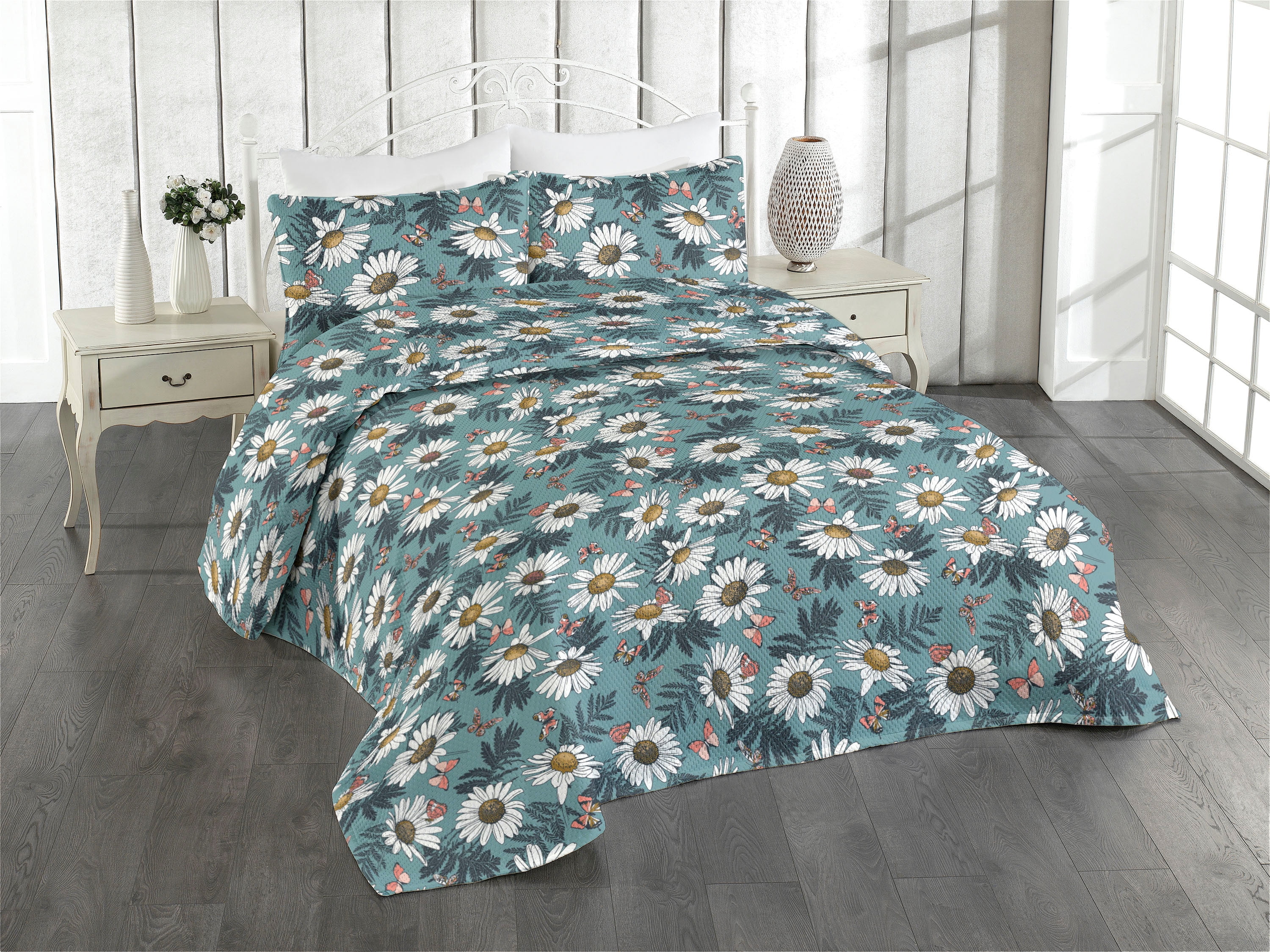 Ambesonne Chamomile Quilted Bedspread Set 3 Pcs, Daisy Flowers Vintage ...