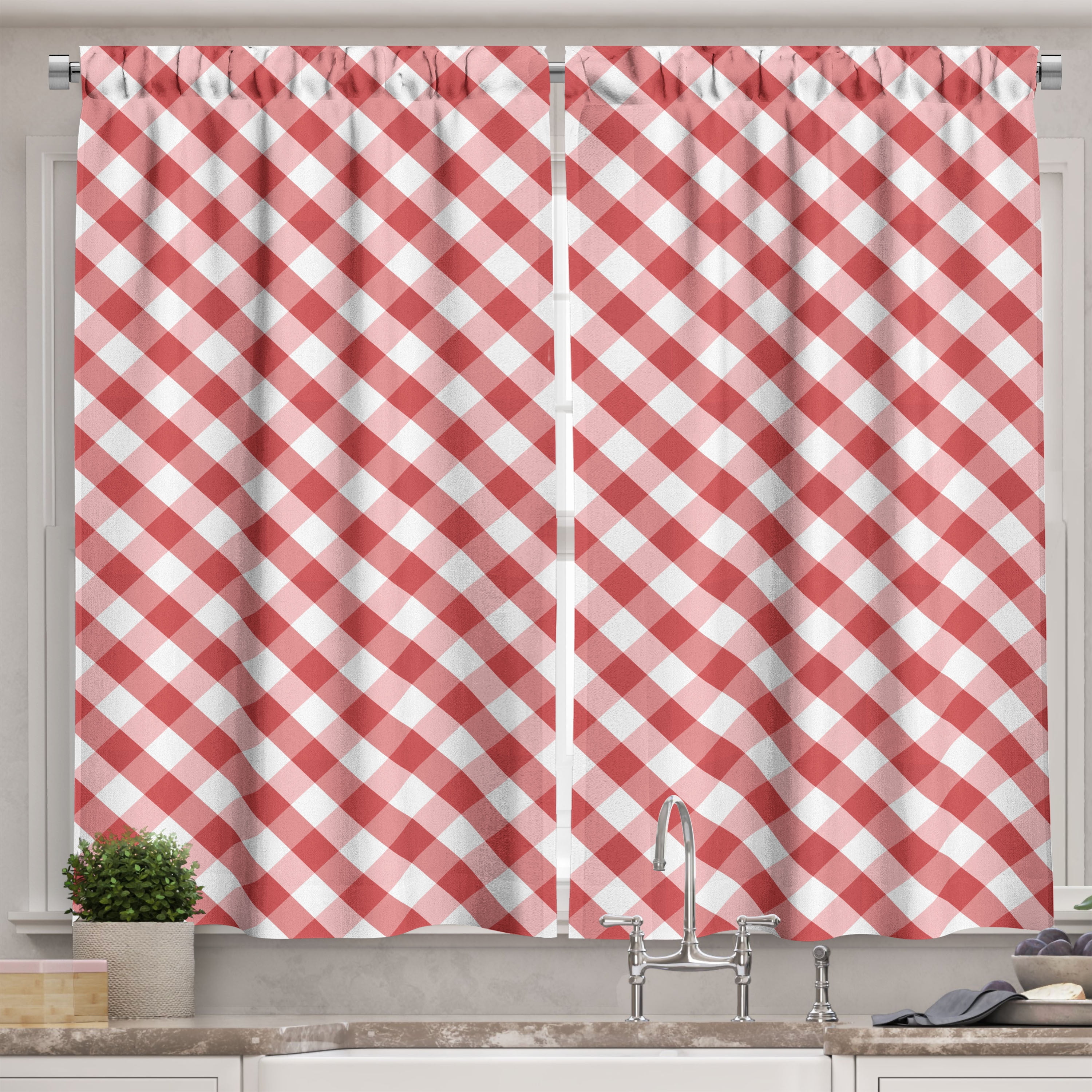Ambesonne Checkered Kitchen Curtains, Retro Red Squares, 55"x39", Dark ...