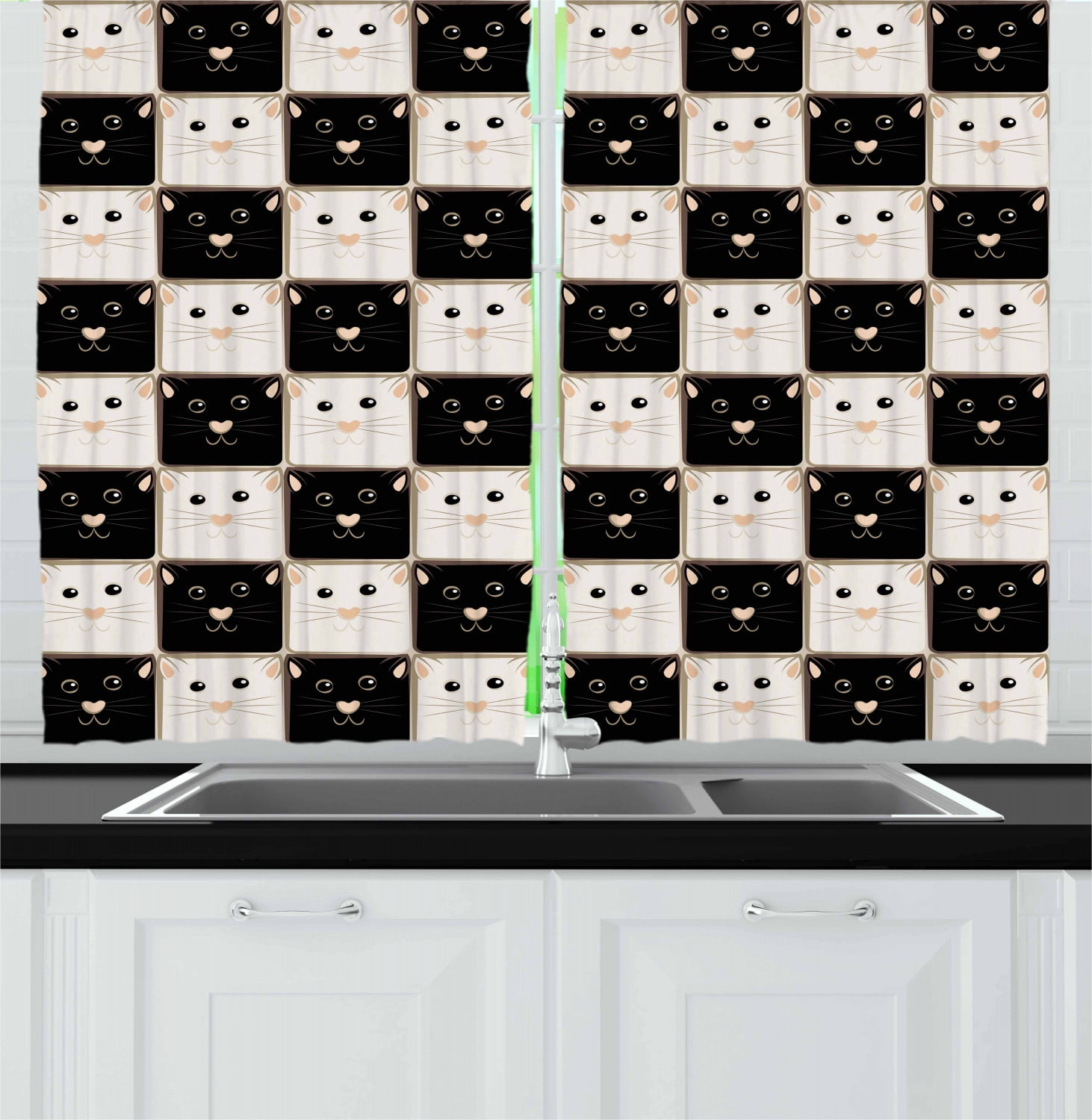 Ambesonne Checkers Game Kitchen Curtains, Squares with Cats, 55"x39 ...