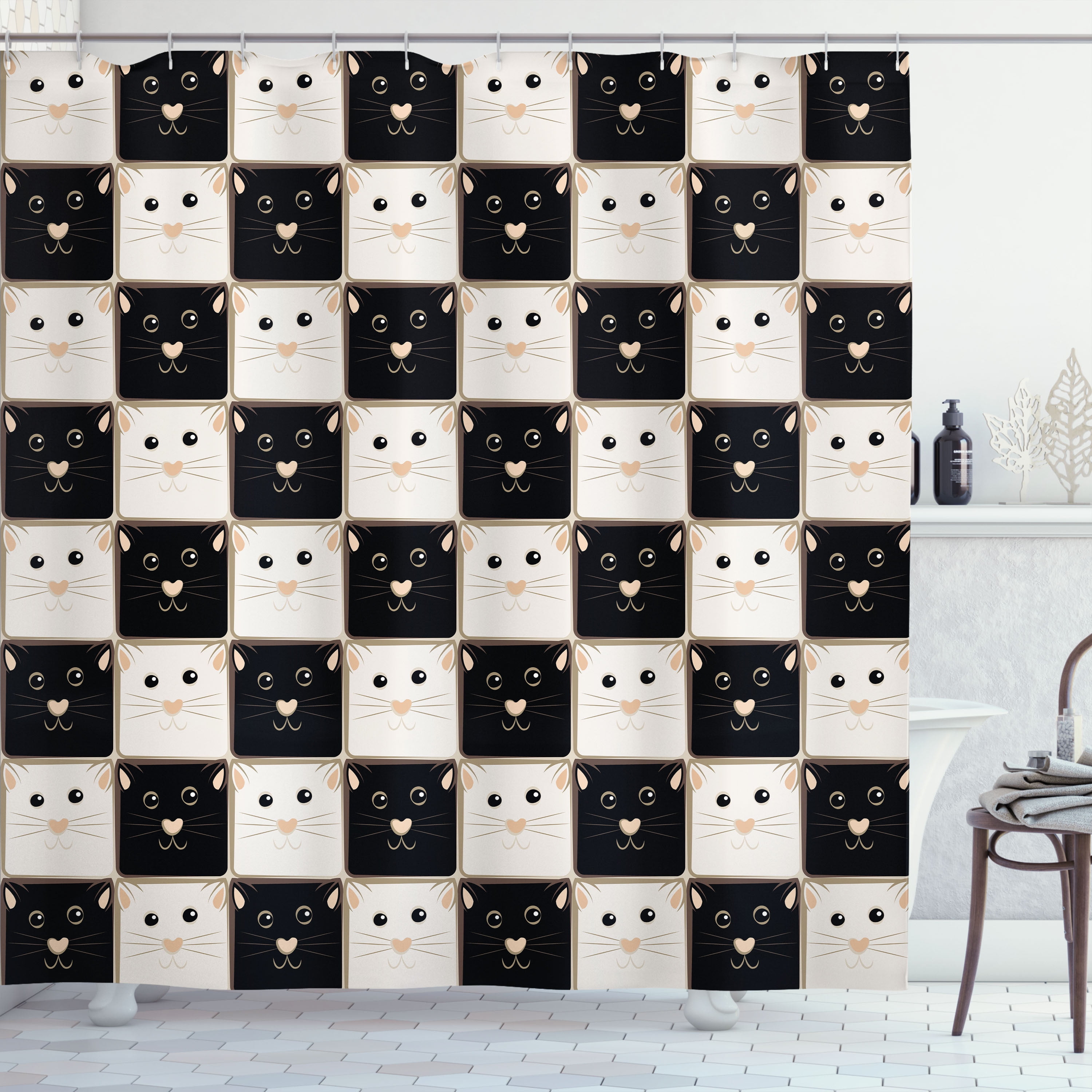 Ambesonne Checkers Game Shower Curtain, Squares with Cats, 69"Wx84"L ...