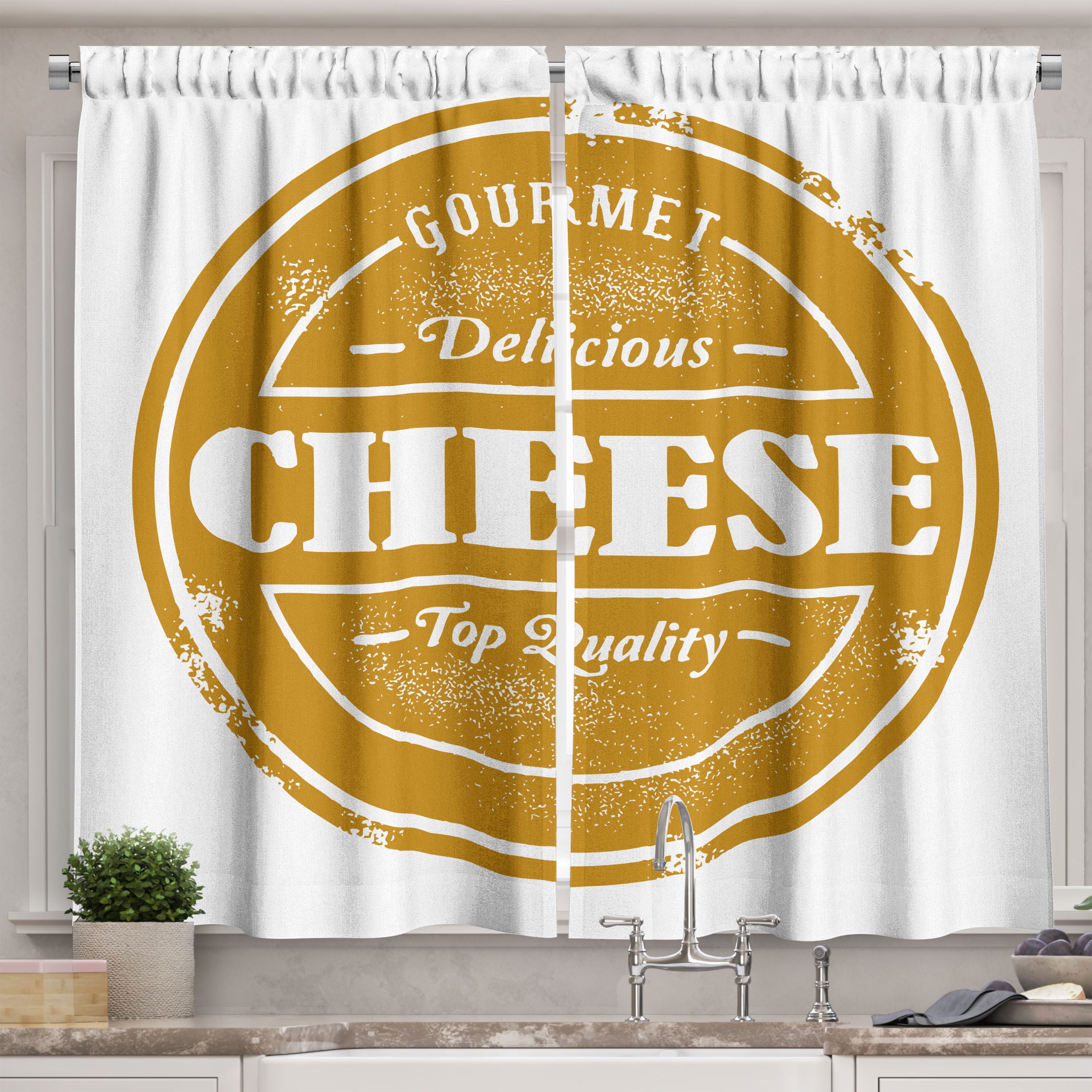 Ambesonne Cheese Kitchen Curtains, Food Themed Grunge Stamp, 55"x45 ...