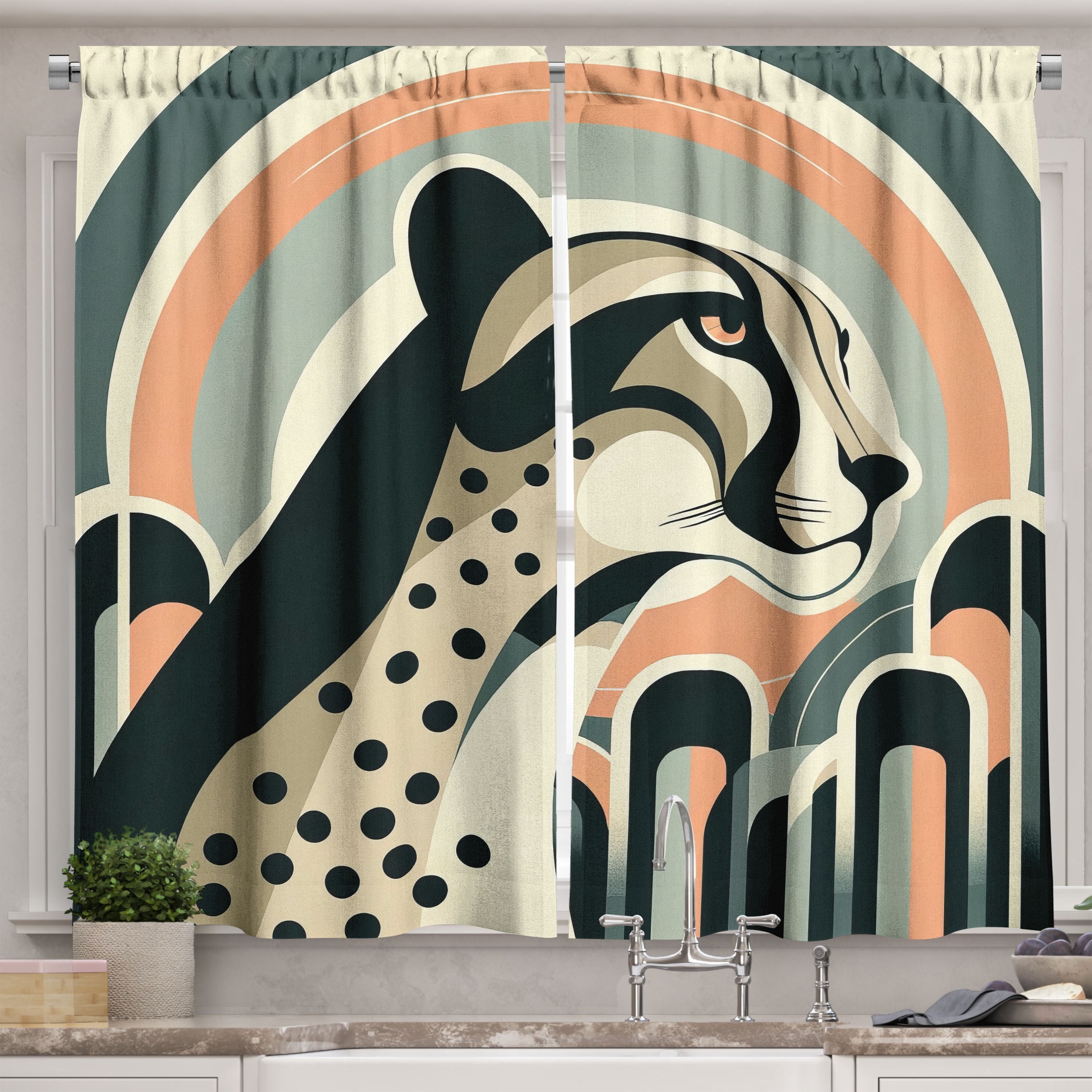 Ambesonne Cheetah Kitchen Curtains, Mid Century Modern Minimal, 55"x45 ...