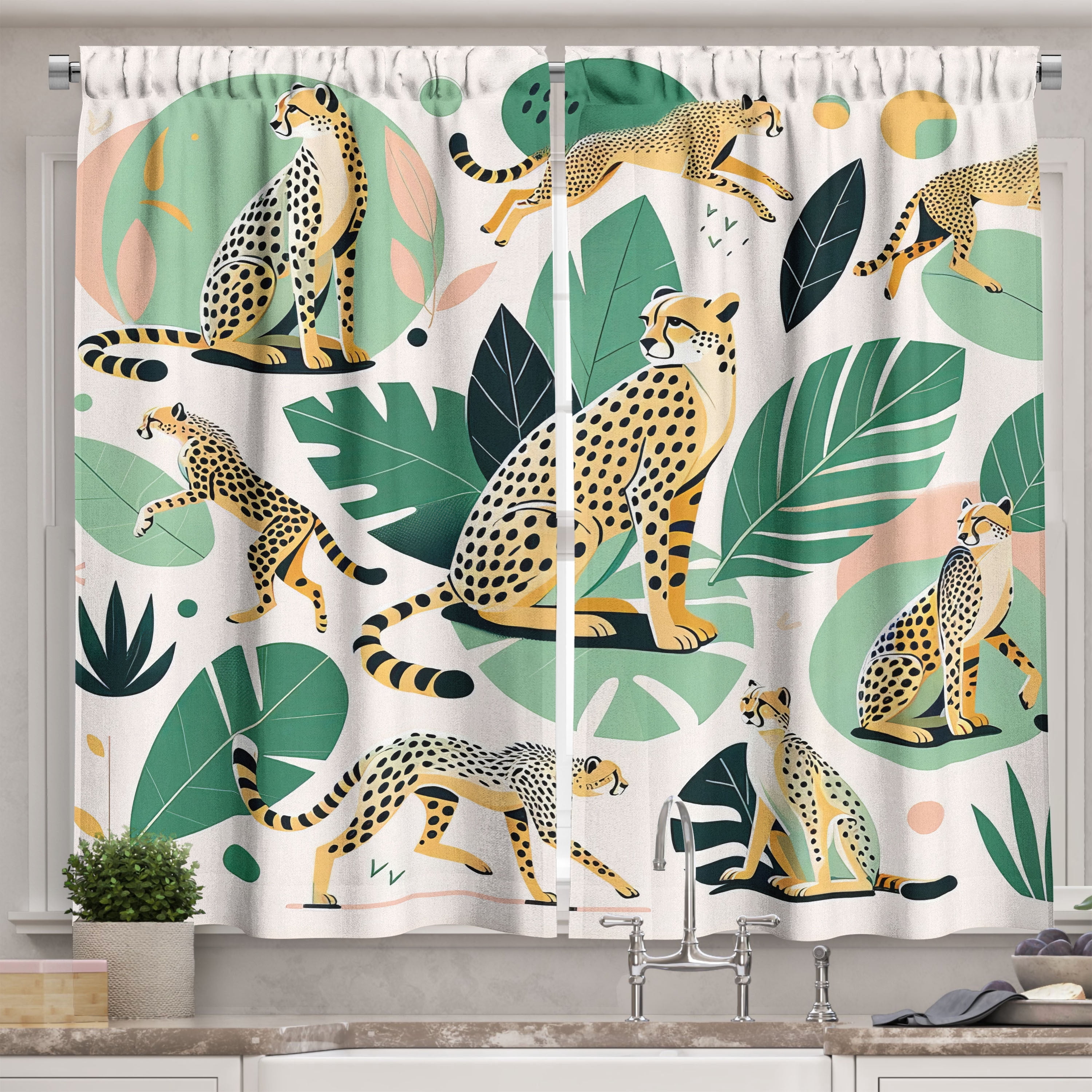 Ambesonne Cheetah Kitchen Curtains, Modern Jungle Leaf Scene, 55"x45 ...